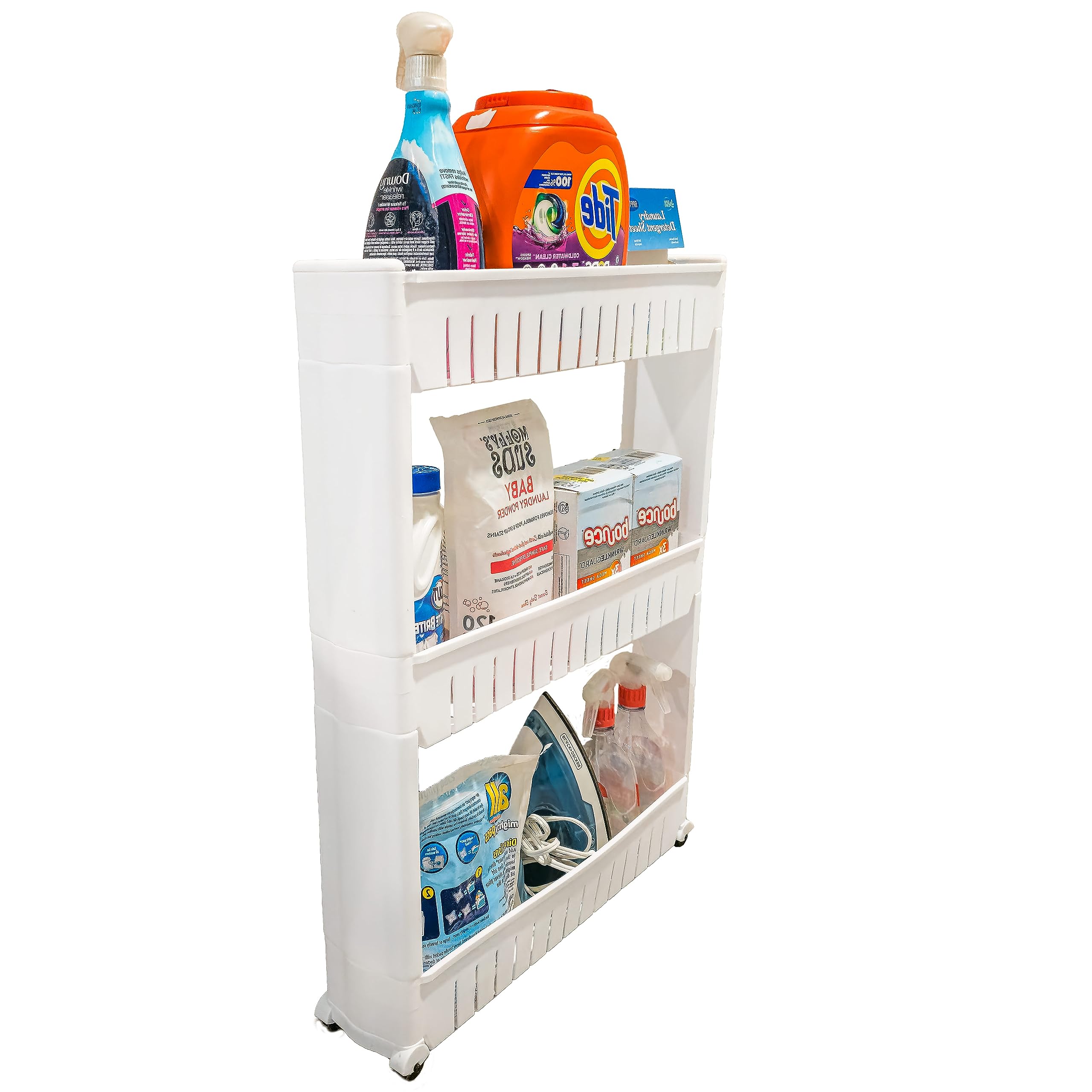 Slim Rolling Storage Cart - Narrow Slide Out Shelving Utility Cart - Mobile Storage for Laundry, Bathroom, Kitchen & Between Washer and Dryer.