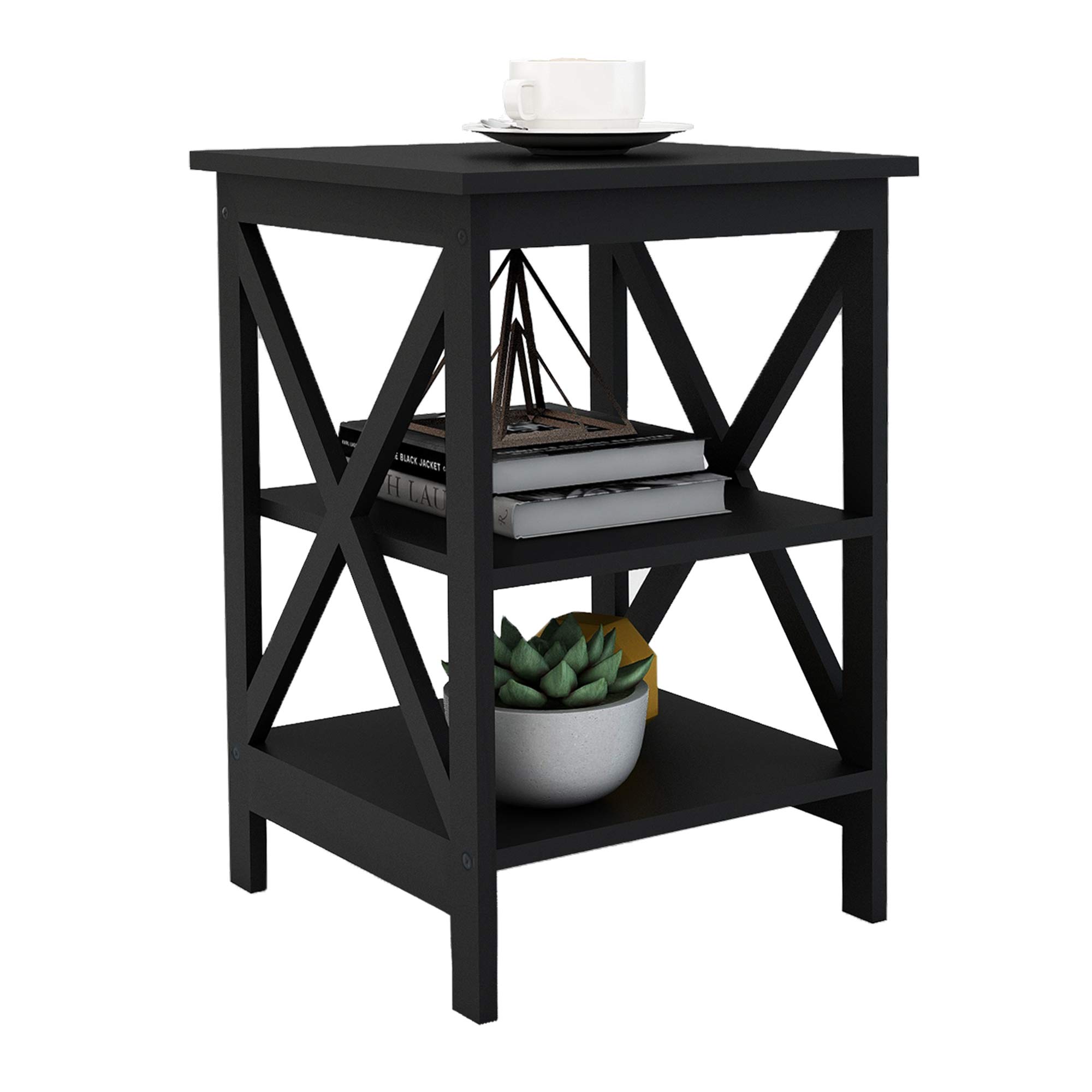 Zenvya 3-Tier End Table with Storage Shelves Versatile X-Design Sofa Side Table for Living Room Bedroom Apartment Small Space, Black
