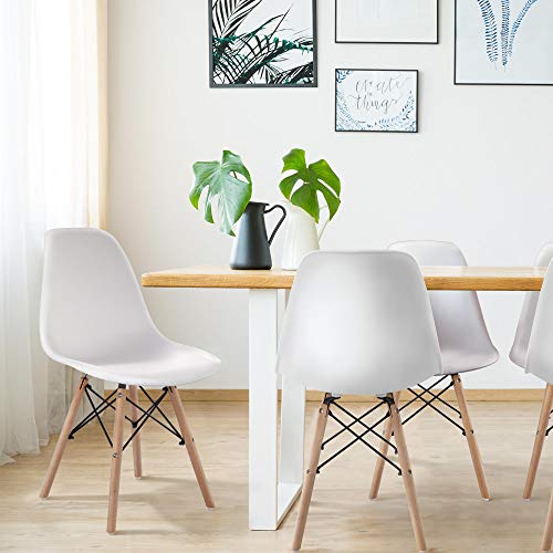 Yaheetech Dining Chairs Modern Side Shell Eiffel DSW Chairs with Beech Wood Legs and Metal Wires for Dining Room Living Room Bedroom Kitchen Lounge Reception, Set of 4, White