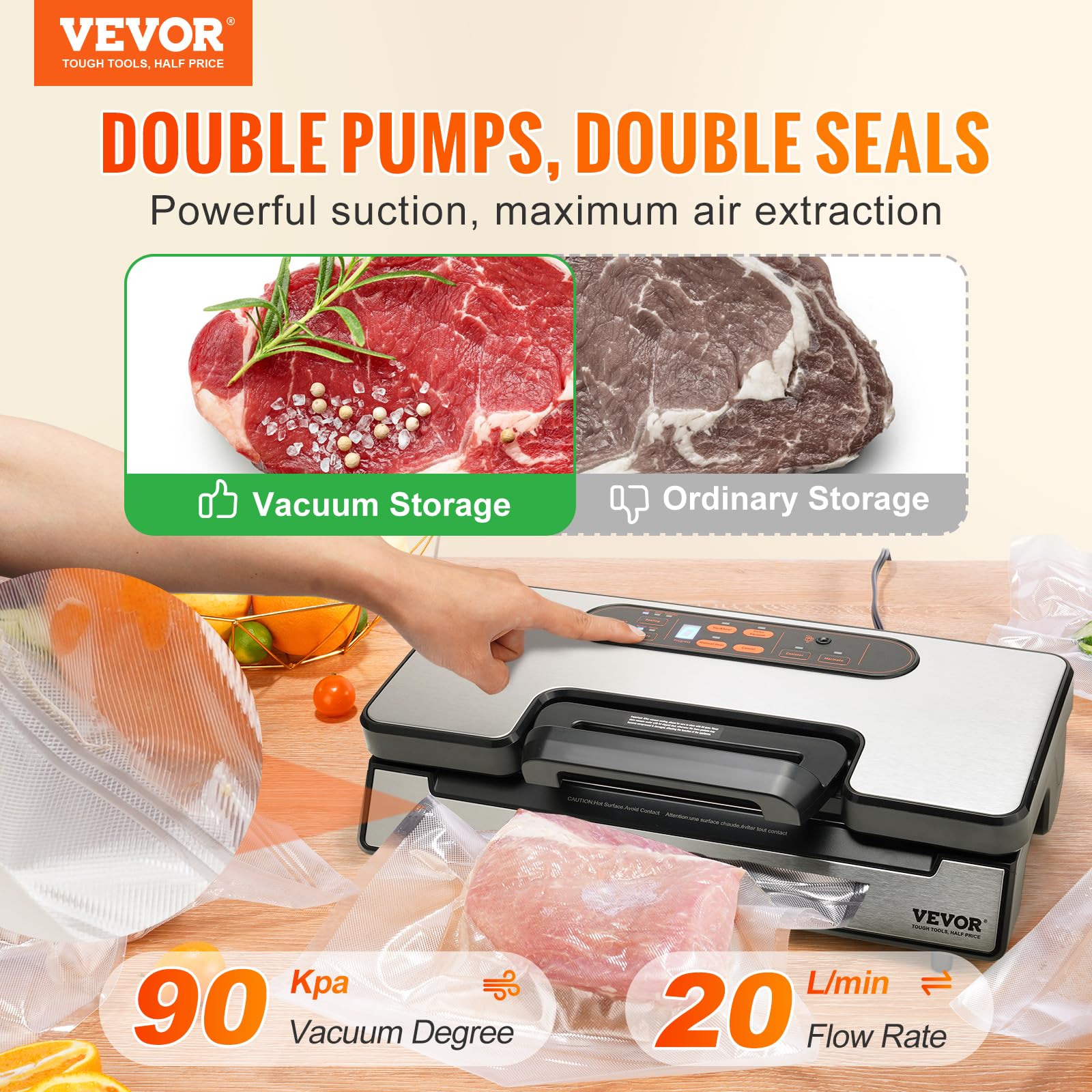 VEVOR Vacuum Sealer Machine, Food Sealer Machine,Dry and Moist Food Storage, Automatic and Manual Air Sealing System with Built-in Cutter, with Seal Bag, External Hose 90Kpa 130W Powerful Dual Pump