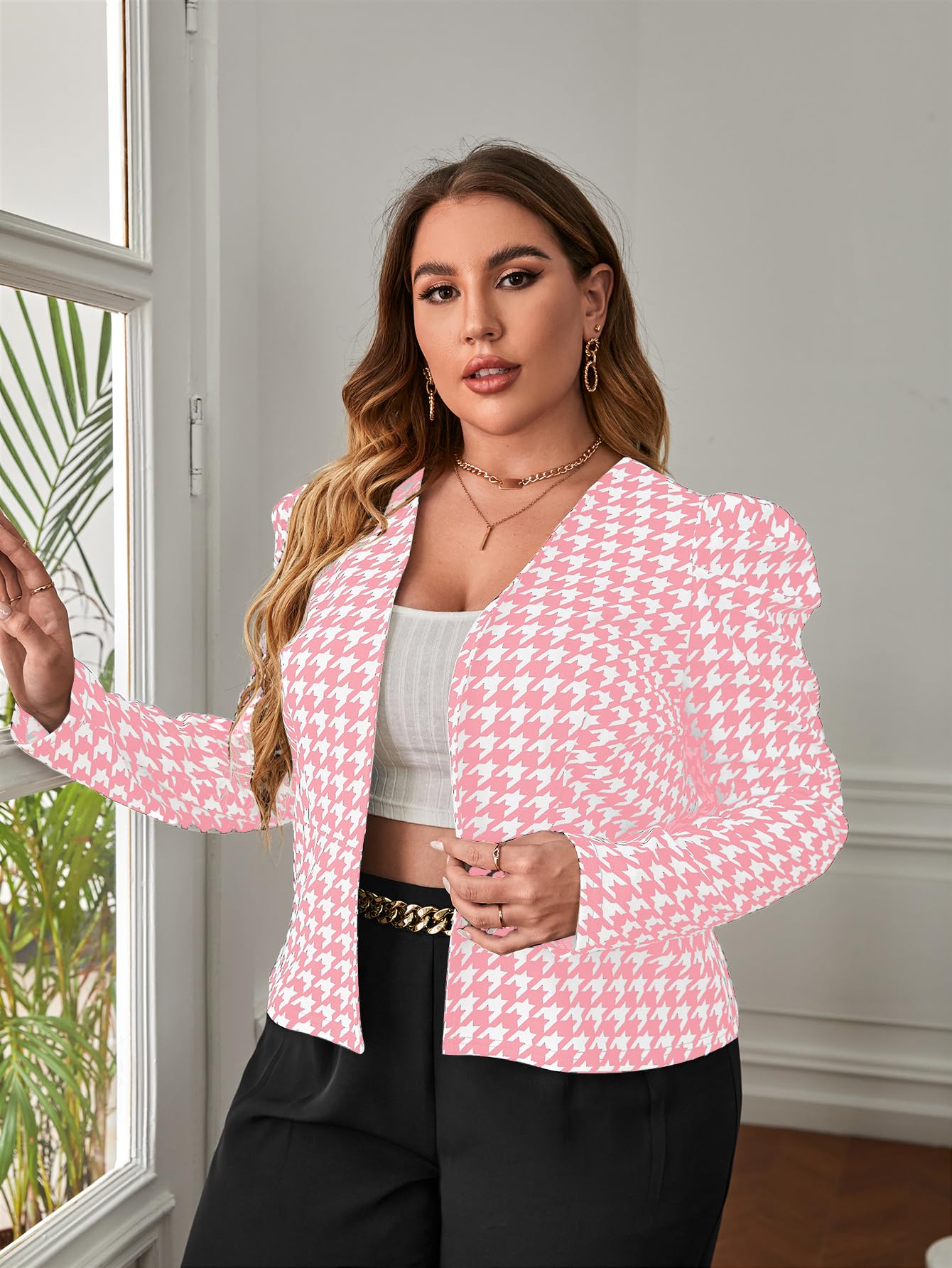 WDIRARA Women's Plus Size Houndstooth Print Long Puff Sleeve Open Front Jacket Blazer Black Houndstooth 3XL