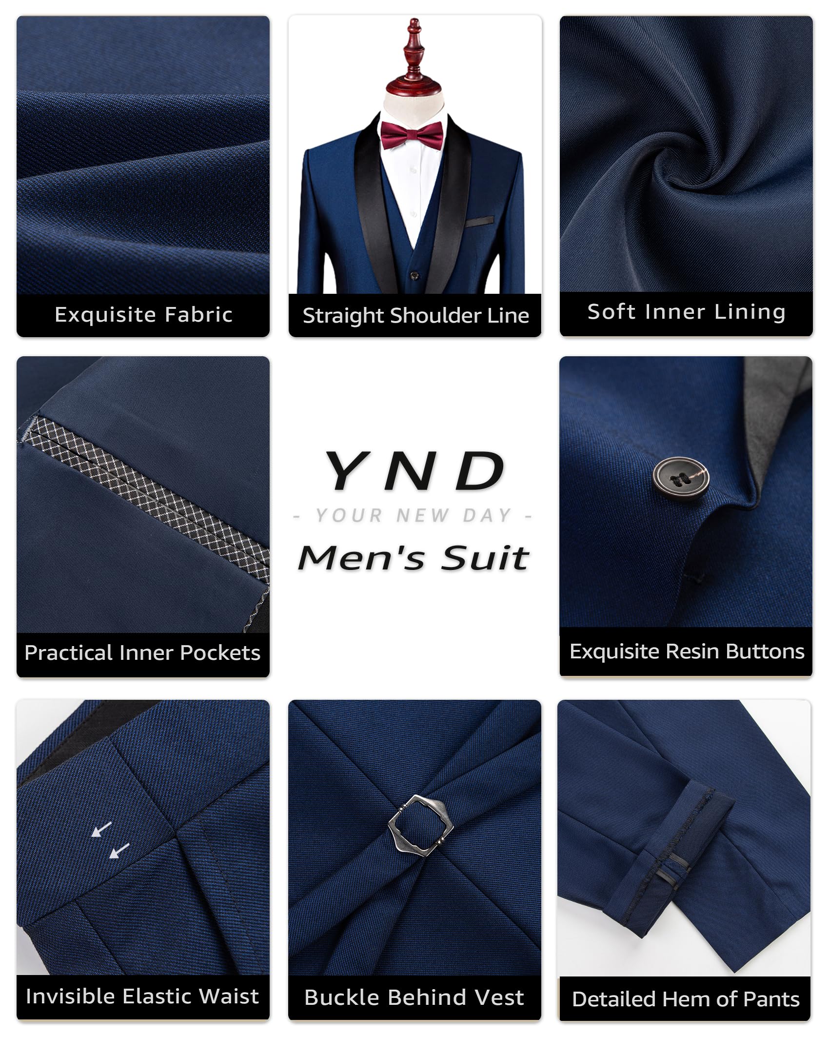 YND Men's 3 Piece Slim Fit Tuxedo Suit Set, One Button Shawl Collar Solid Business Blazer Jacket Vest Pants with Bow Tie, Maroon Collar Black