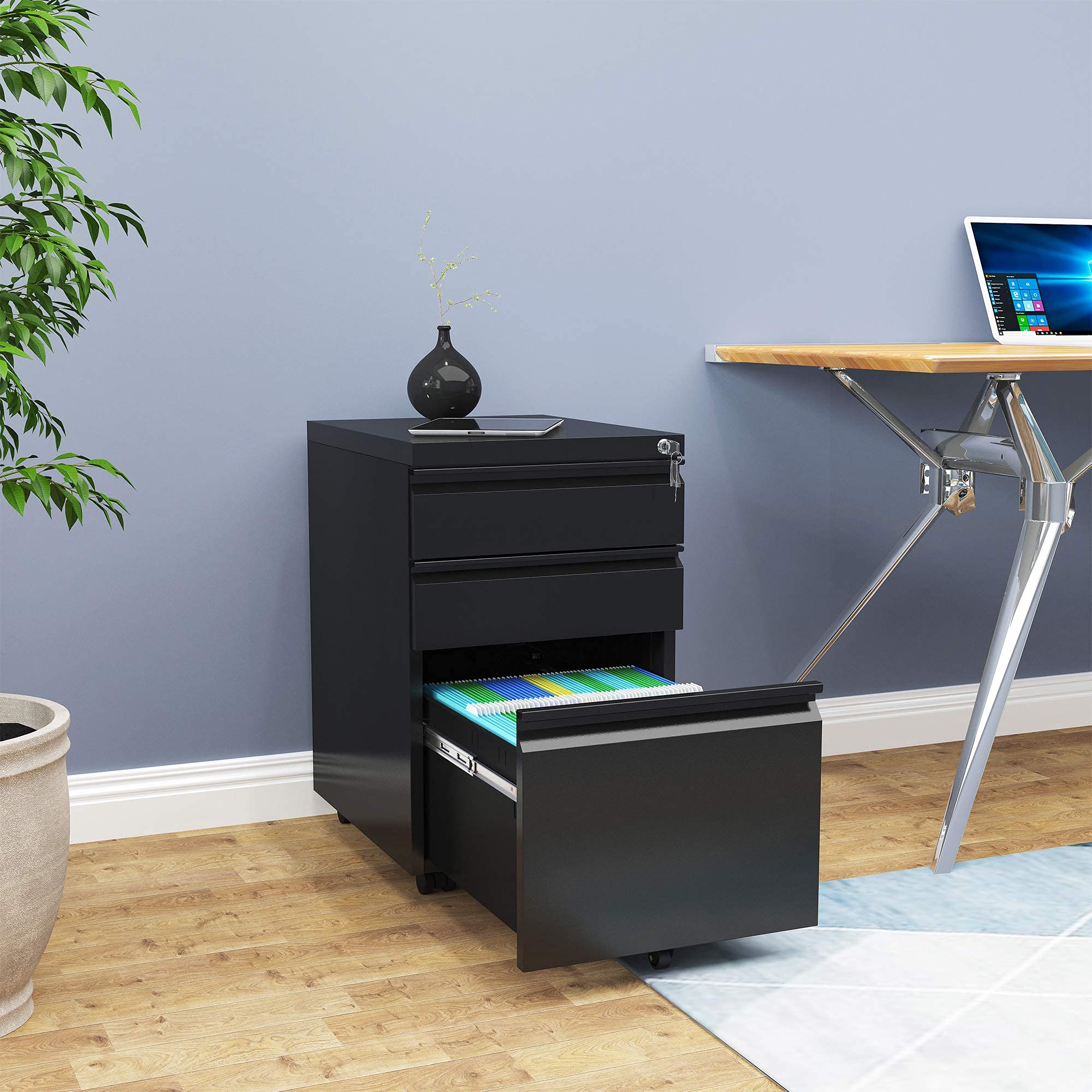 YITAHOME 3-Drawer Mobile File Cabinet with Lock, Office Storage Filing Cabinet for Legal/Letter Size, Pre-Assembled Metal File Cabinet Except Wheels Under Desk -Black