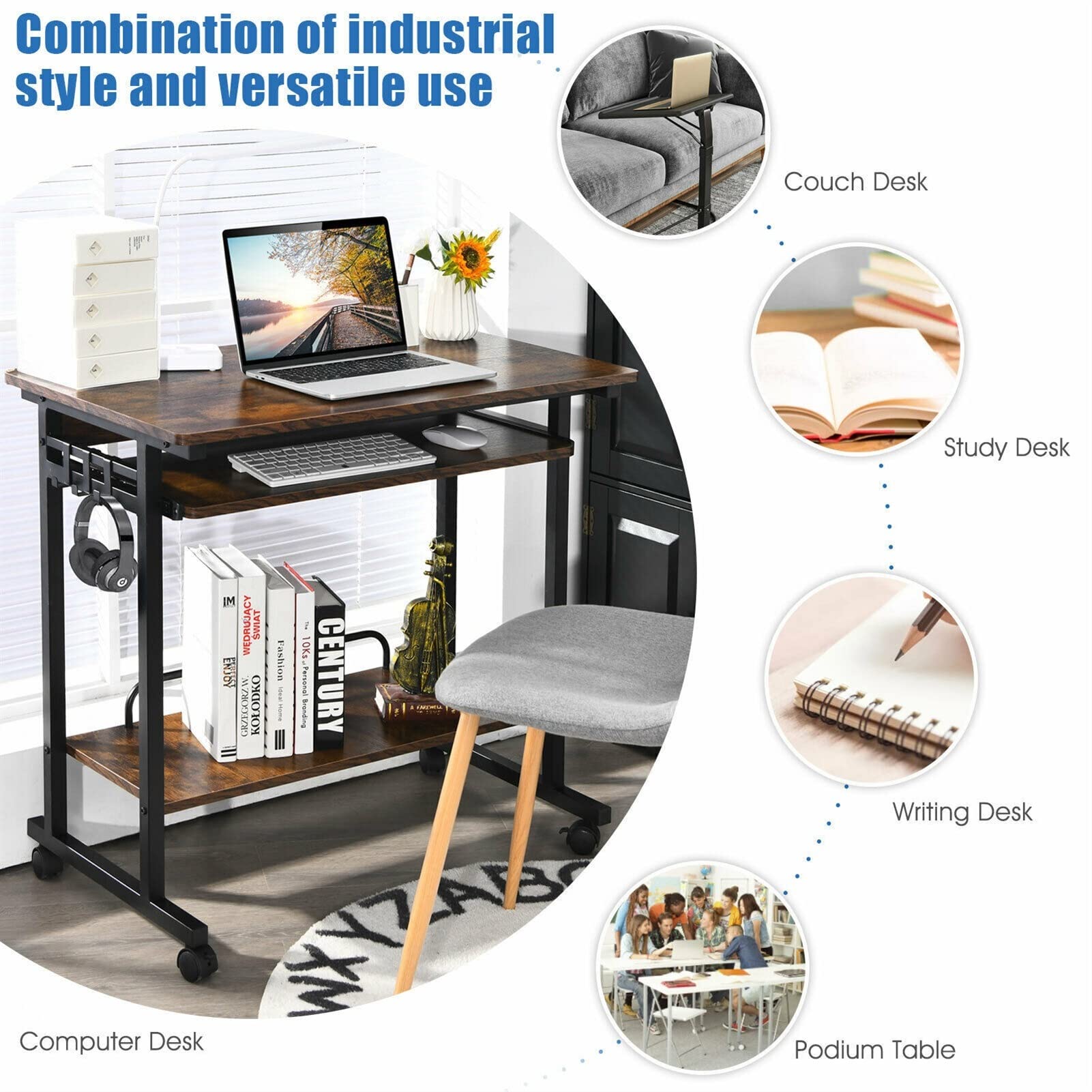 Writing Study Desk, Rustic Brown PC Desk Removable Laptop Cart Writing Desk Workstation with Pull-Out Keyboard Tray and Side Hooks, Stable Heavy Duty Steel Frame ,Computer Workstation for Home & Offic