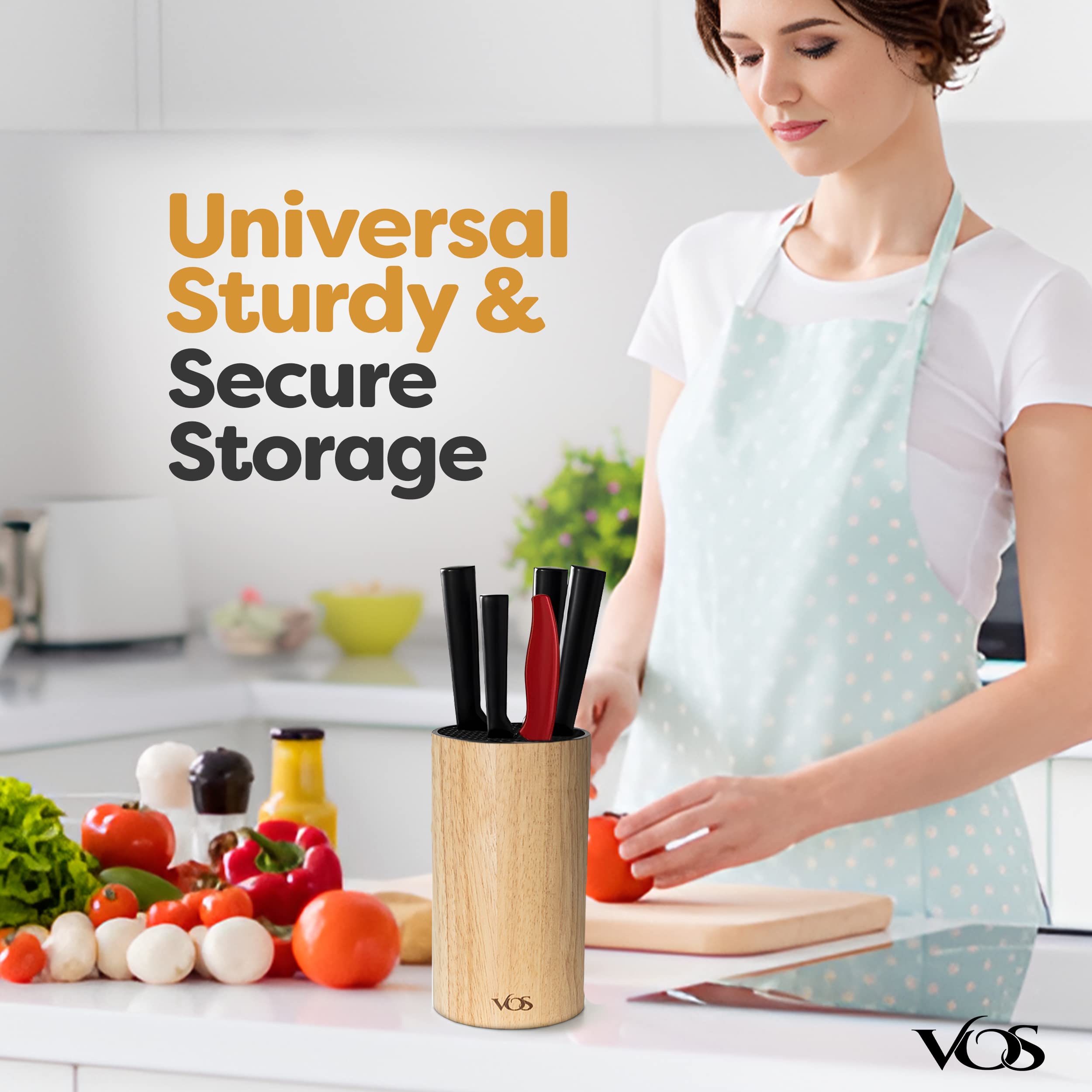 Vos Universal knife Block and Ceramic Kitchen Knives With Peeler, Ceramic Paring Knife 3", 4", 6", Inch Black