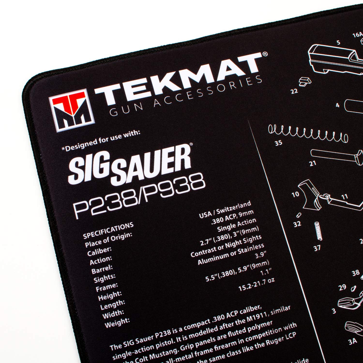 TekMat Ultra Cleaning Mat for use with Sig P238 , Black , 15" x 20"