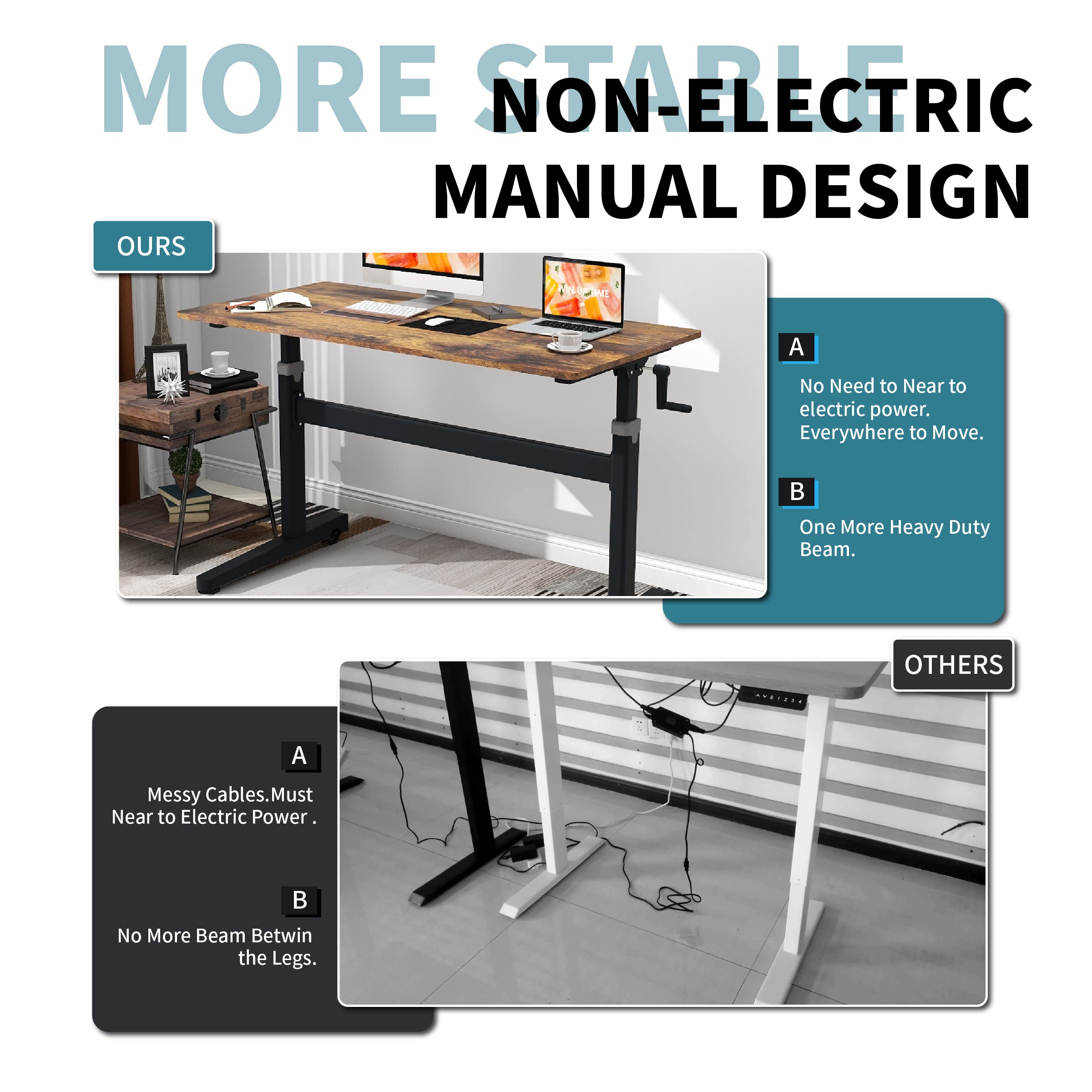 Win Up Time Manual Standing Desk Adjustable Height- Crank Mobile Standing Desk 48 x 24 Inches Sit Stand Desk Frame & Top, Stand Up Desk on Wheels, Computer Desk Black Frame & Rustic Brown