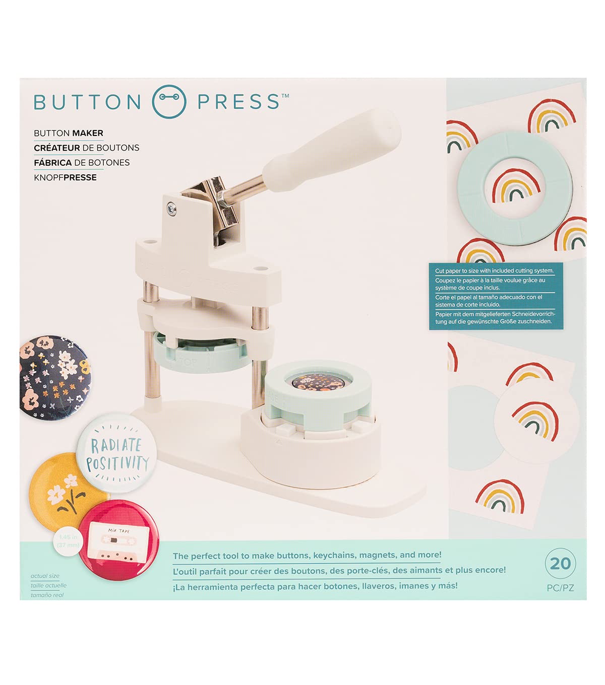 We R Memory Keepers, Button Press Bundle, includes Button Press, Small, Medium, Large Press Insert and Cutting Insert, 30 Buttons, 30 Foam Stickers, Make Pins, Buttons, Badges, Keychains and More