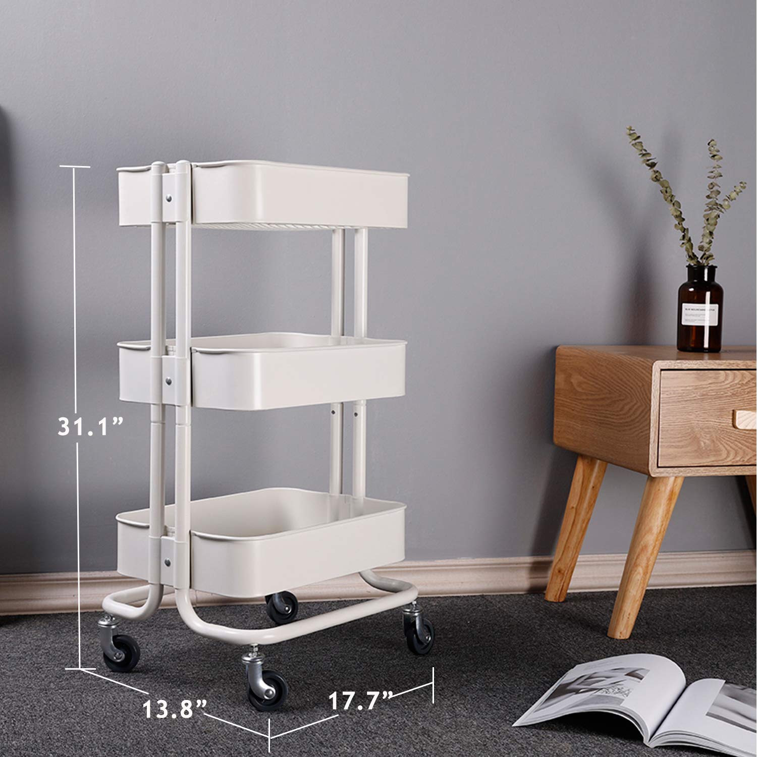 walsport 3-Tier Metal Mesh Rolling Cart Storage Organize Utility Cart for Kitchen Bathroom Home Office, White