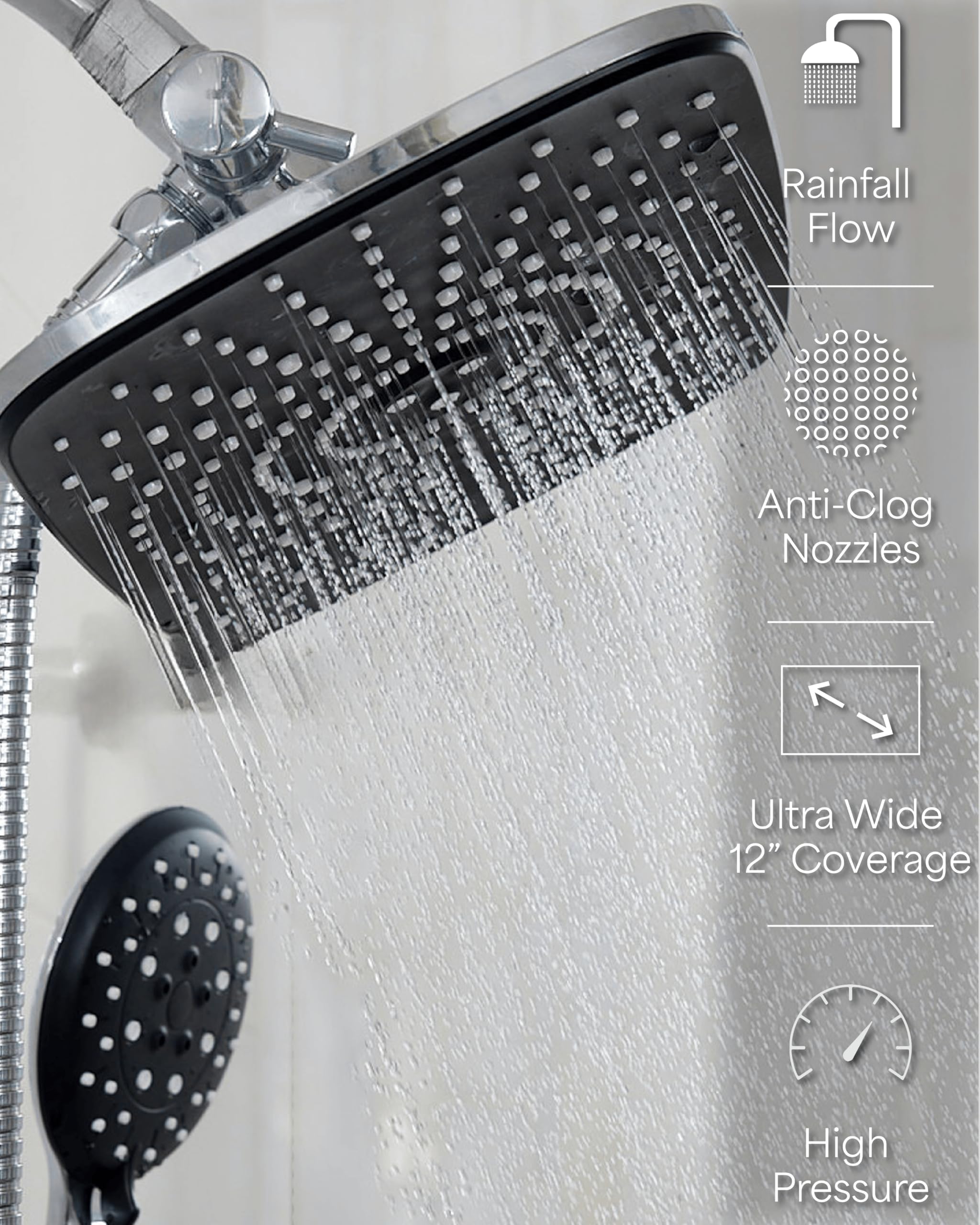 Veken 12 Inch High Pressure Rain Shower Head -Shower Heads with 5 Modes Handheld Spray Combo- Wide RainFall shower with 70" Hose & Bracket- Adjustable Dual Showerhead with Anti-Clog Nozzles - Chrome