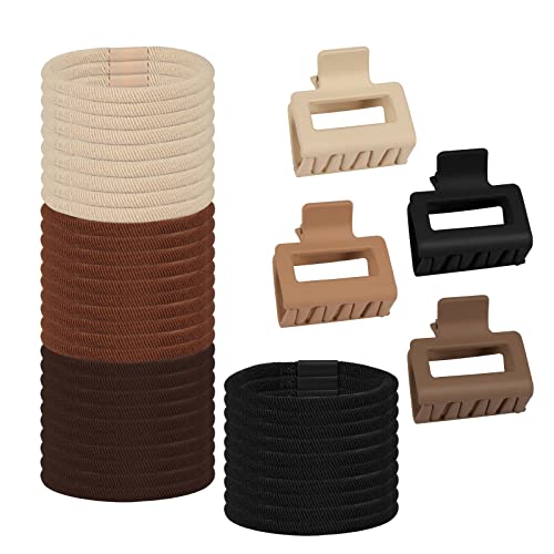 Zou.Rena Hair ties for women Thick Curly Thin Hair, 40pcs 5MM Pony Tails Rubber Bands, No Pull Hair Ties Bulk, 4pcs 2 Inch Rectangle Claw Clips