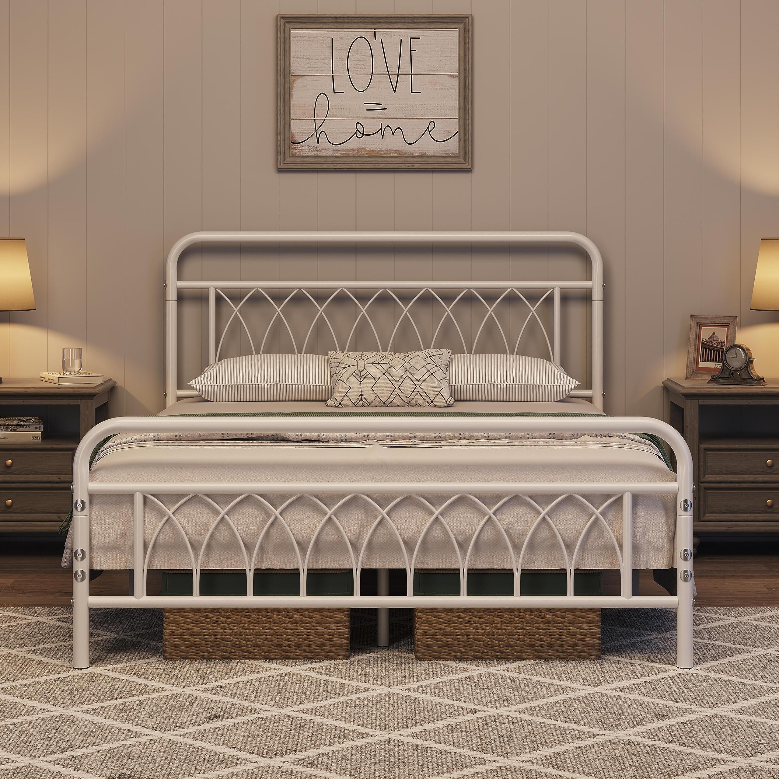 Yaheetech Queen Bed Frame Metal Platform Bed with Petal Accented Headboard/Footboard/14.4 Inch Under Bed Storage/No Box Spring Needed, White