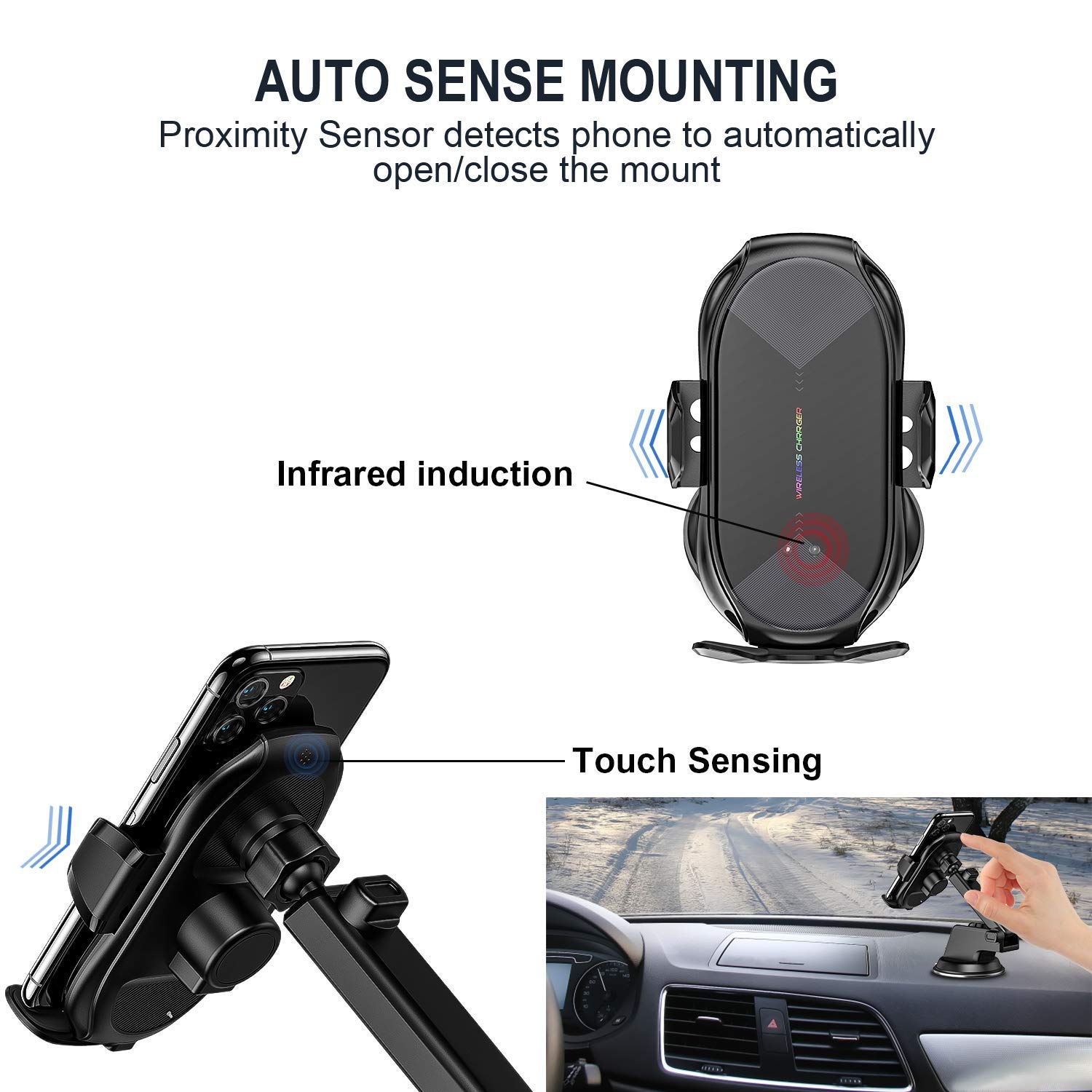 YITUMU Wireless Car Charger,15W Qi Fast Charging Auto-Clamping Car Phone Holder Mount,Air Vent Windshield Dashboard Car Phone Mount,Long Arm Suction Cup Cell Phone Holder for iPhone Samsung LG