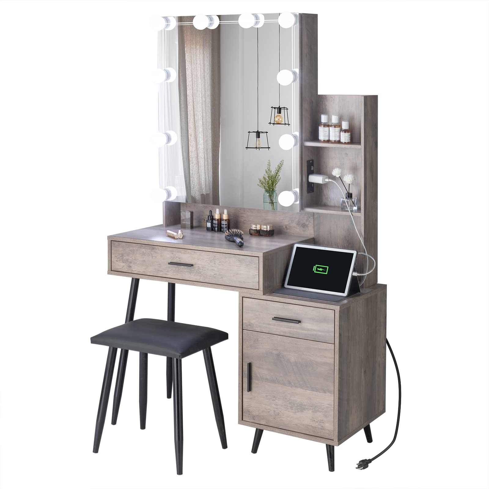VINGLI Vanity Desk with Sliding Mirror & Lights & Charging Station & Drawers & Shelves & Door, Farmhouse Modern Makeup Vanity Set with Stool (Rustic Gray, 39'' x 16'' x 63'', Bench included)
