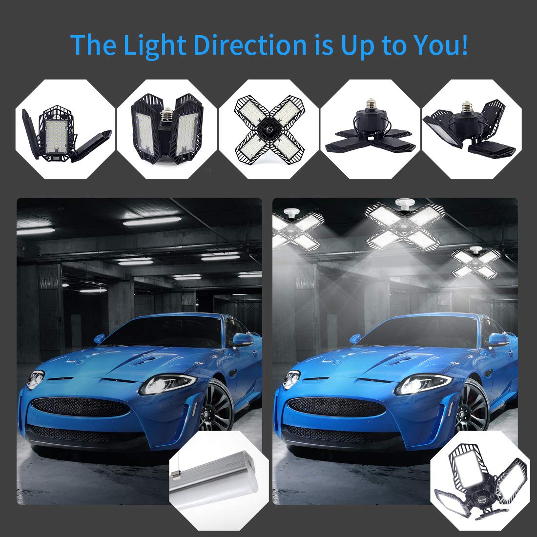 YKOPEO Deformable LED Garage Lights, Super Bright Garage Light Ceiling LED 100W E26 with 4 Adjustable Aluminium Panels,10000LM LED Shop Lights for Garage Workbench Basement Warehouse