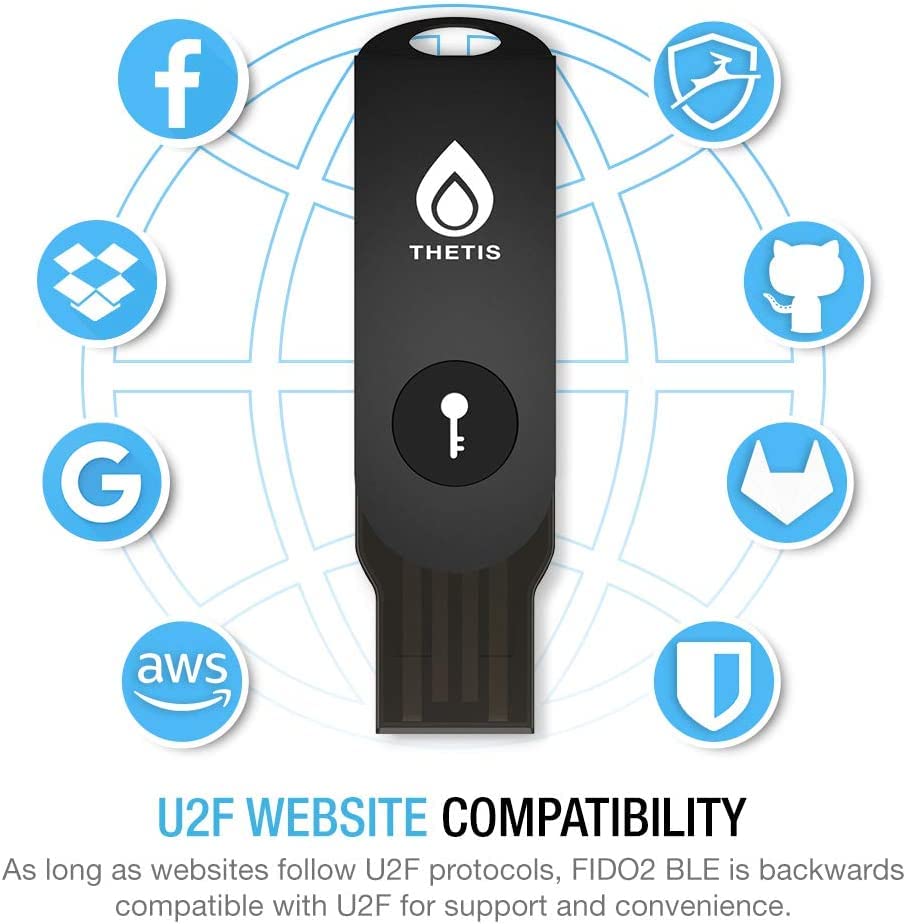 Thetis Security Key - U2F and FIDO2, USB A, Two Factor Authenticator with Bluetooth, Multi-Layered Authentication Protection HOTP U2F Compatible Windows, MacOS, Gmail, Linux - Black