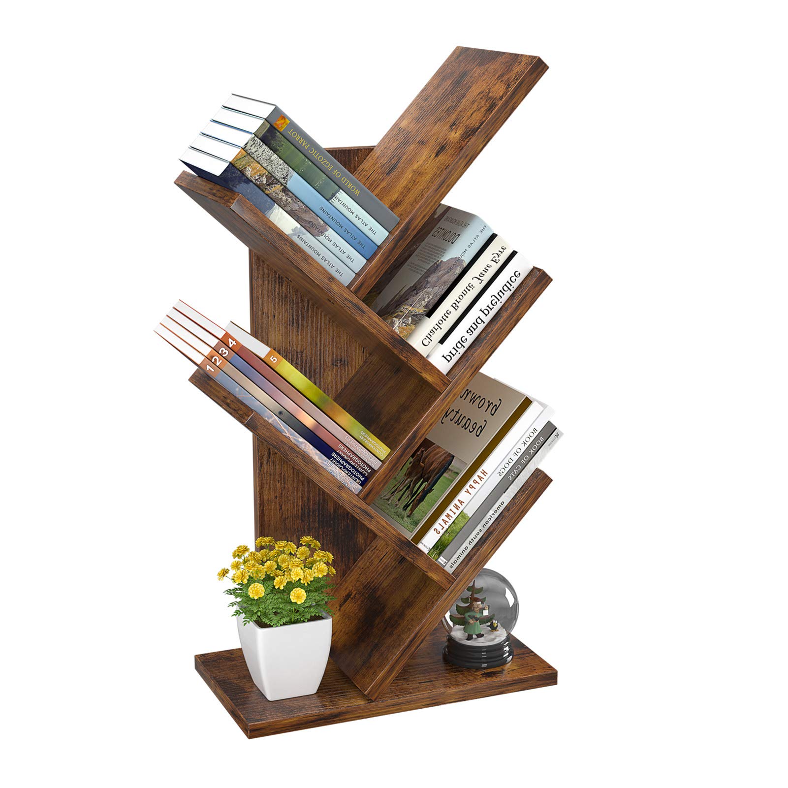 Topfurny Tree Bookshelf, 4-Tier Book Storage Organizer Shelves Floor Standing Bookcase, Wood Storage Rack for Office Home School Shelf Display for Cd/Magazine/Book - Rustic Brown