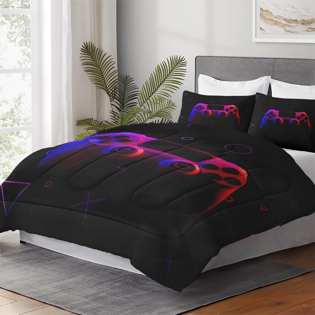 WeCozy Twin Size Comforter Set with Pillowcase, Red Gamepad Gaming Neon Game Soft Bedding Set for Kids and Adults Bedroom Bed Decor
