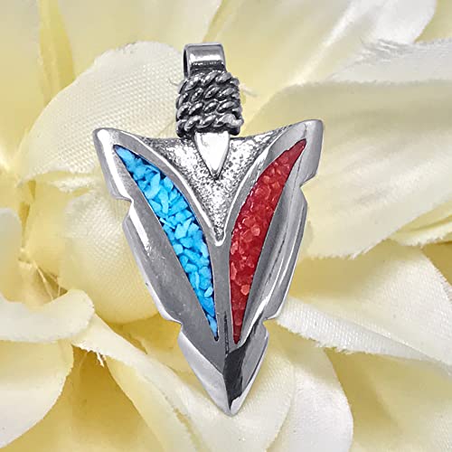 Turquoise and Coral Gemstone Inlay Southwestern Style 925 Sterling Silver Arrowhead Pendant for Women