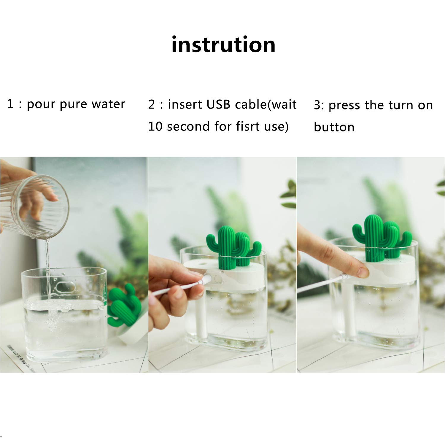 warrita Premium Cactus Humidifier Unit with 160ml Water Tank Cool Mist Vaporizer for Single Room Automatic Shut-Off and Night Light