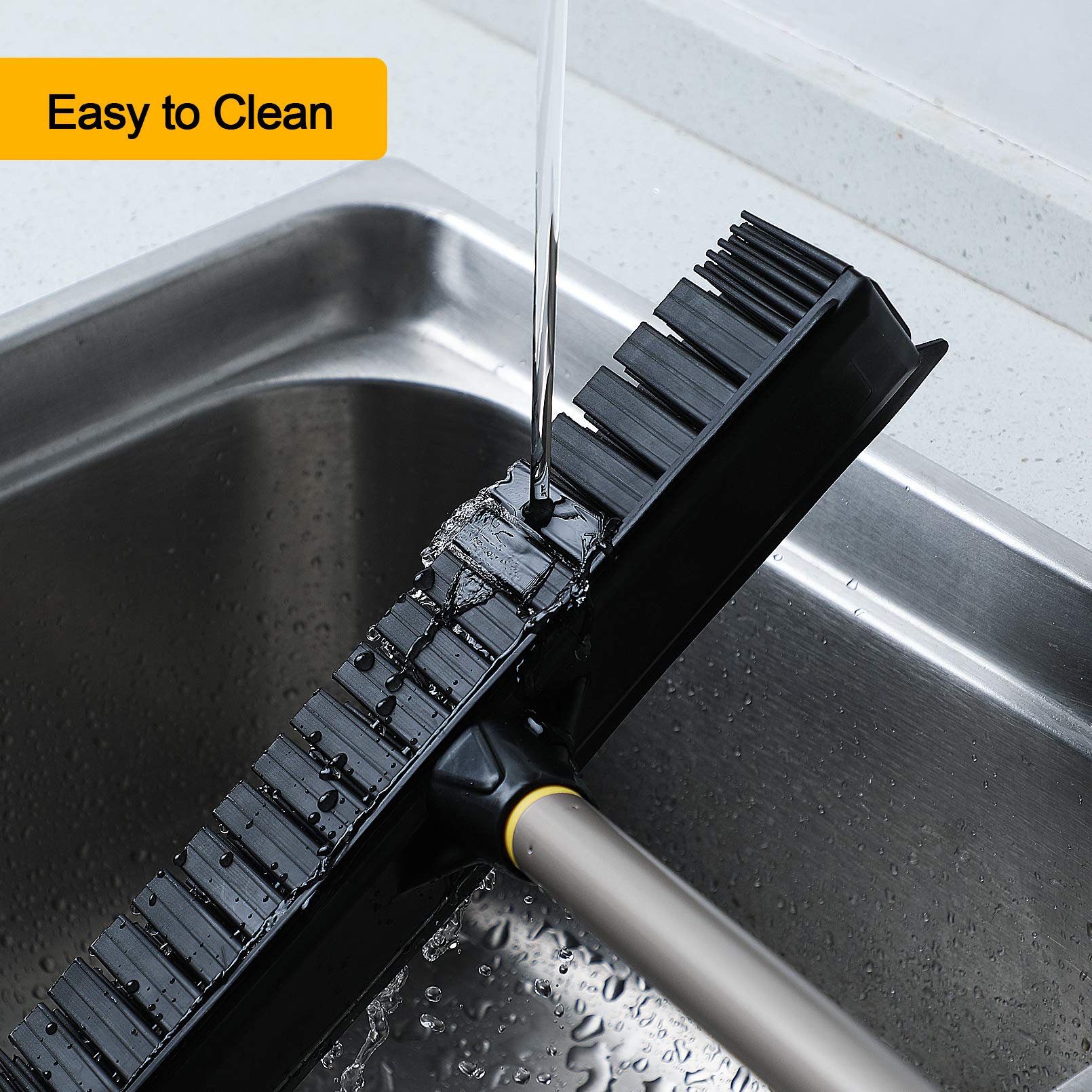 Yocada Rubber Broom Pet Hair Fur Removal Broom Soft Bristle Push Broom with Squeegee Telescoping Pole 42-53 Inch for Sweeping Hardwood Floor Tile Bathroom Living Room Kitchen