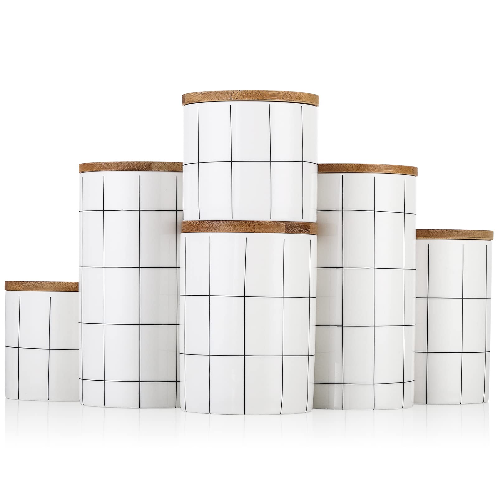 WELLCHE Kitchen Canisters Sets for Kitchen Counter Set of 6, Flour and Sugar Containers, Ceramic Canister Set Food Storage Jars with Airtight Bamboo Lid for Serving Ground Coffee, Tea, Sugar, Grain