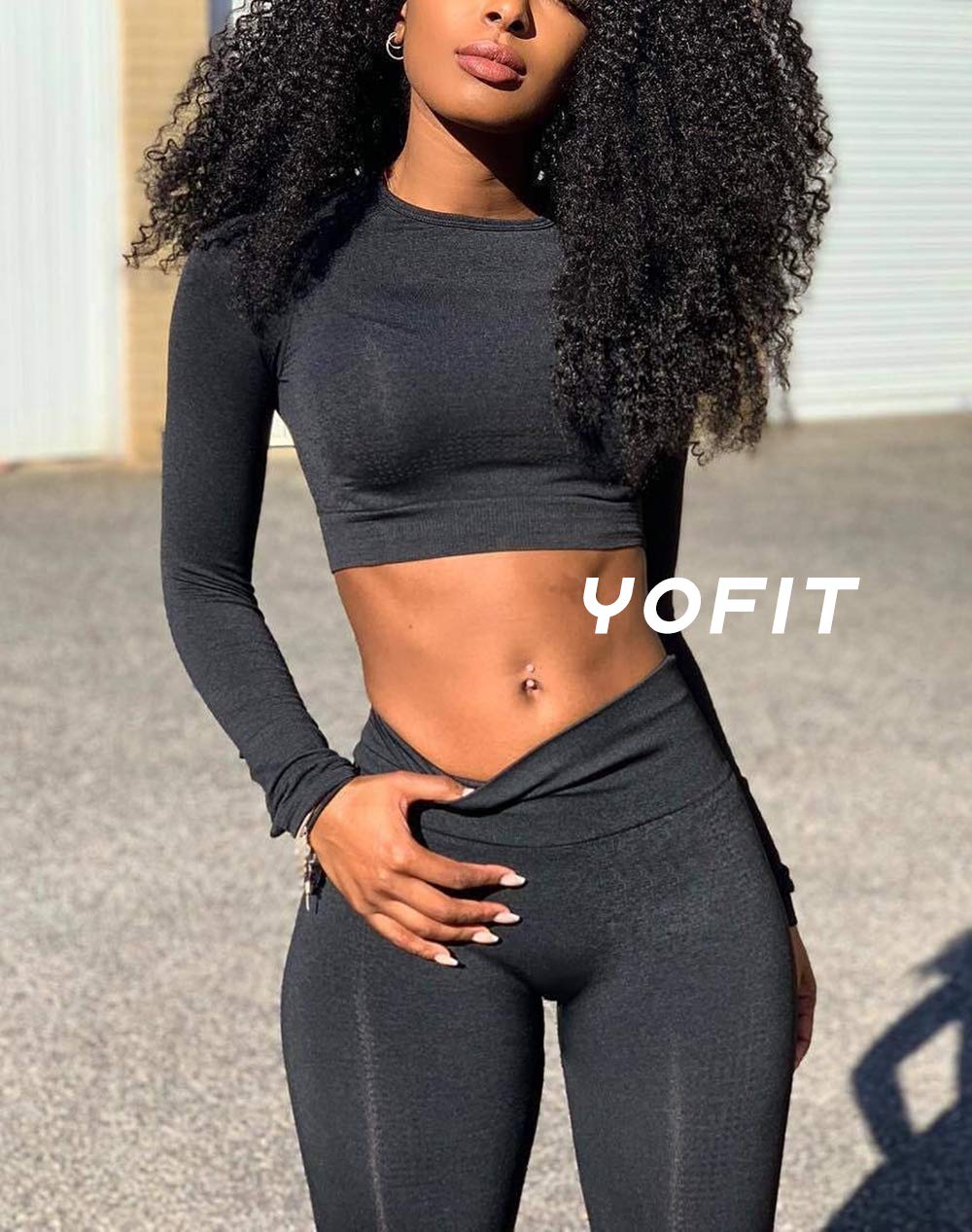 YOFIT Exercise Outfits for Women 2 Pieces Seamless Yoga Outfits Gym Crop Top and Leggings Set Black Tracksuits 2 Piece