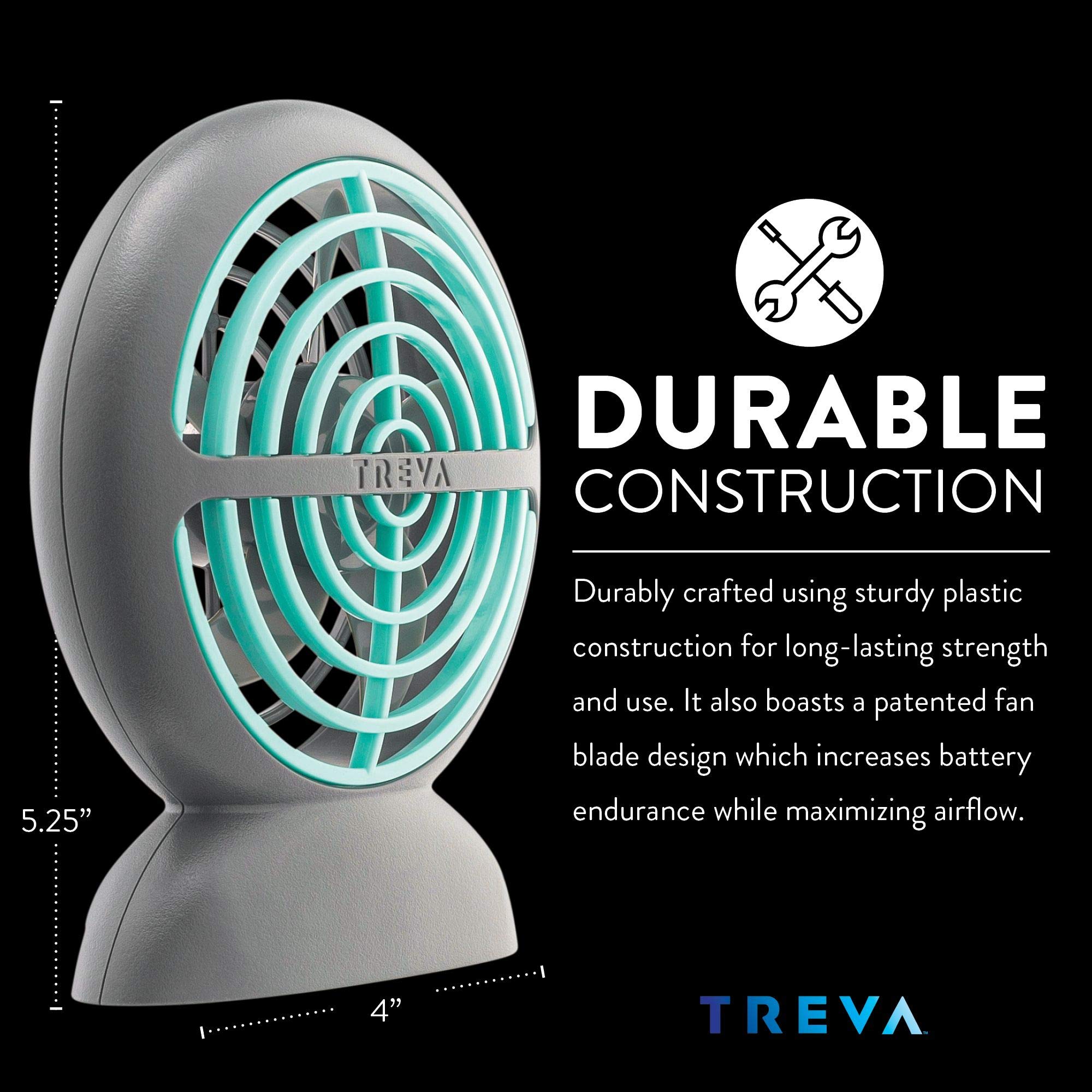Treva Rechargeable Battery Small Fan - 3.5 Inch Blade USB Charging Port Fan - 3 Speed Circular Cooling Design - Portable Handheld or Personal Desktop Size - Travel Ready (Mint, 1)