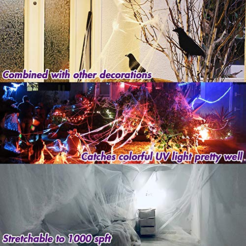 Zcaukya Halloween Spider Web Decoration, 1000 sqft Stretchable Cotton Spider Web with 60 Small Spiders, Halloween Indoor and Outdoor Cobweb Decoration