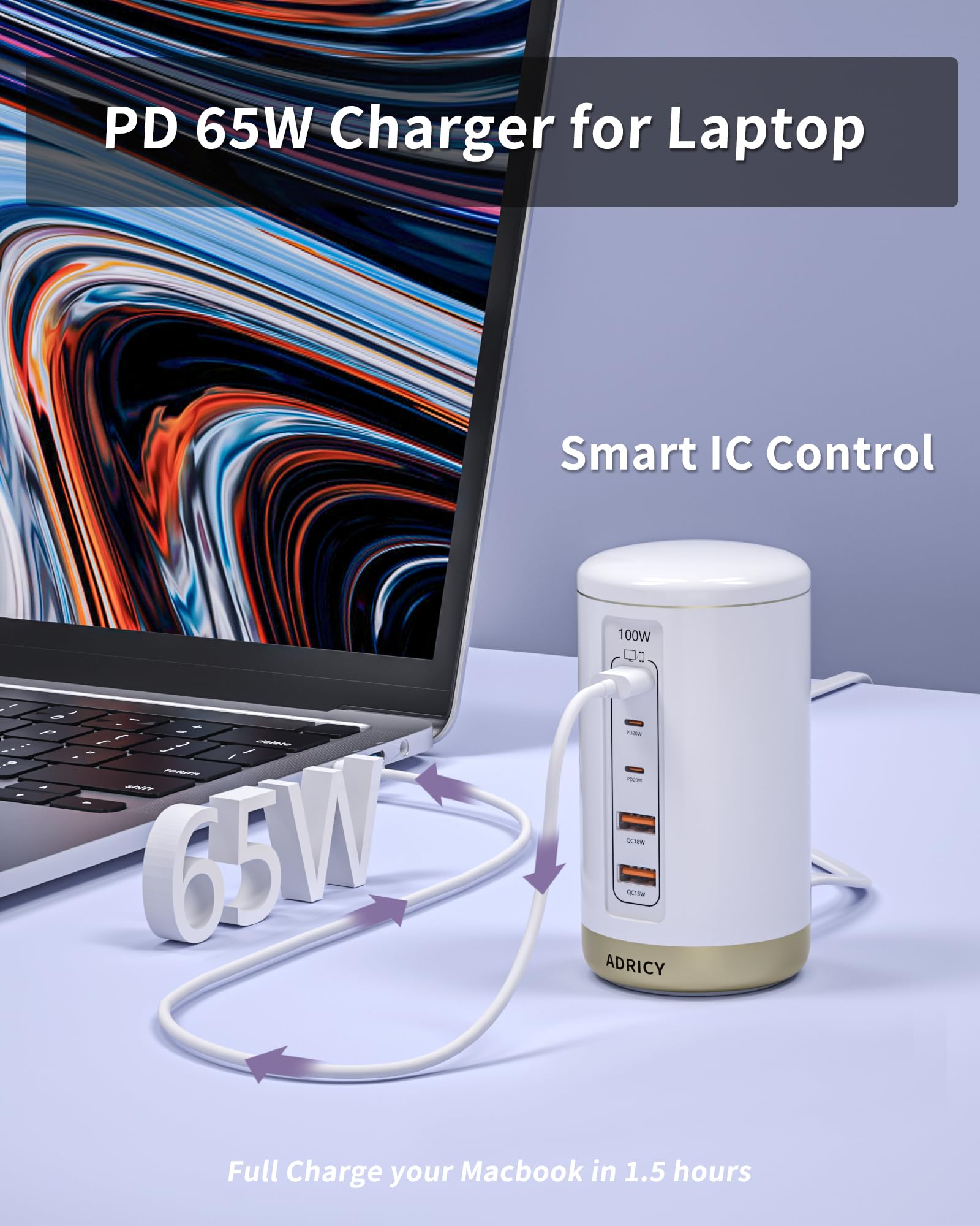 USB C Charger,100W USB Tower Charging Station for Multiple Devices,5 Port USB Charger Block for iPhone 15/15 Plus/15 Pro/15 Pro Max/MacBook Air Pro/Samsung/ipad(Gold)