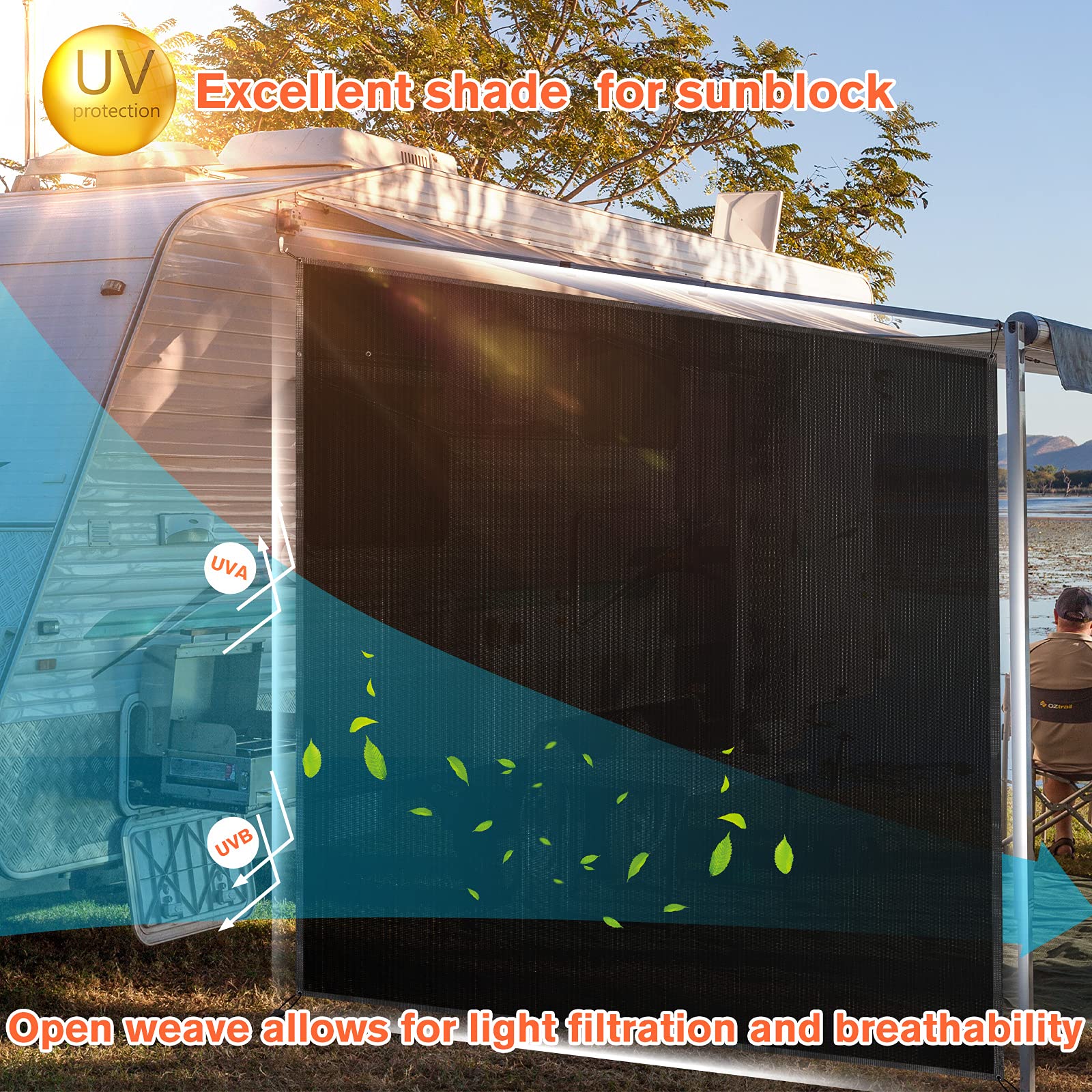 WELLUCK RV Awning Side Sun Shade Screen, 9'X7' Black Mesh Camper Sunshade RV Awning Accessories, UV Blocker Privacy Screen Complete Kit for Motorhome Camper Travel Trailer Canopy