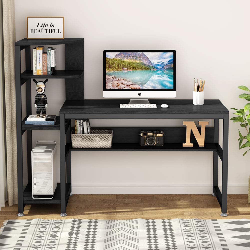 Tribesigns Computer Desk with 4-Tier Storage Shelves, 58 inch Large Modern Office Desk Study Writing Table Workstation with Bookshelf for Home Office(Black)