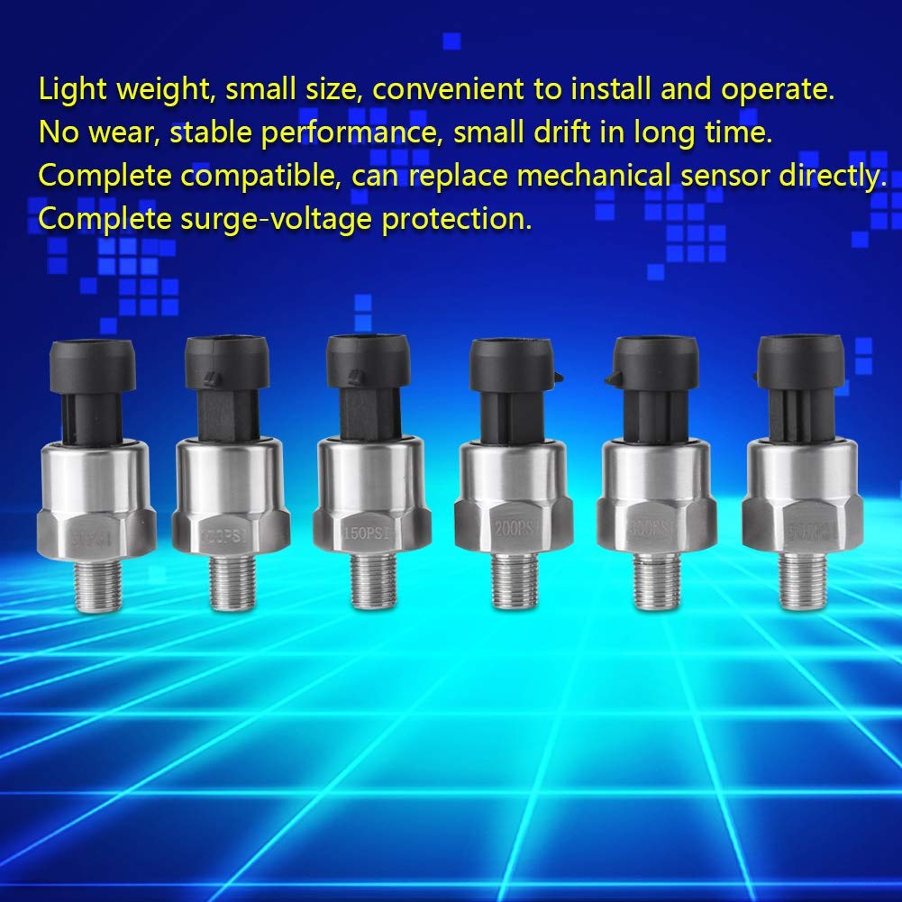 Water Pressure Transducer,1/8NPT Thread Stainless Steel Pressure Transducer Sender Sensor 30/100 /150/200/300/500 psi for Oil, Fuel Air, Water