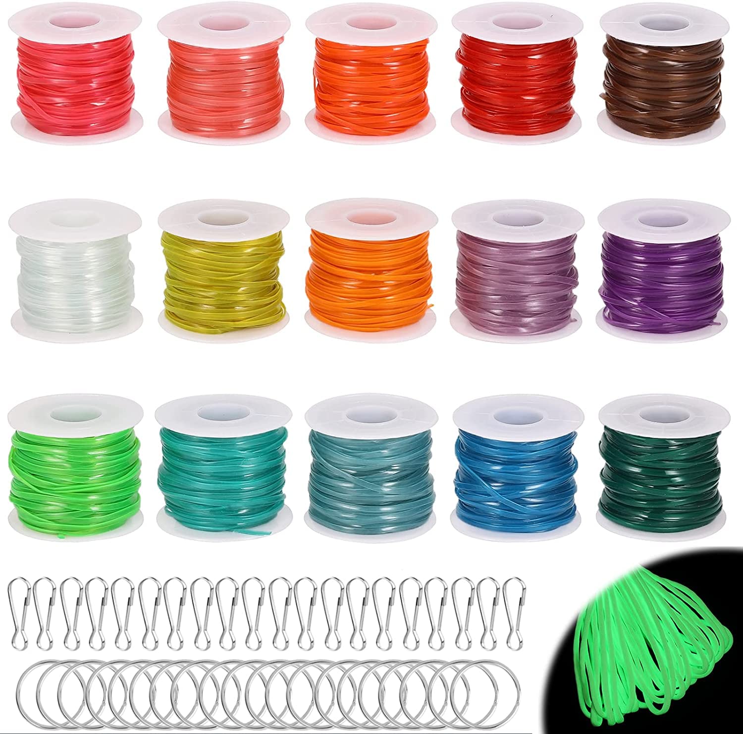 TOPWOOZU Luminous Lanyard String,15 Rolls Gimp Plastic String Lacing Cord for Keychain Making Craft