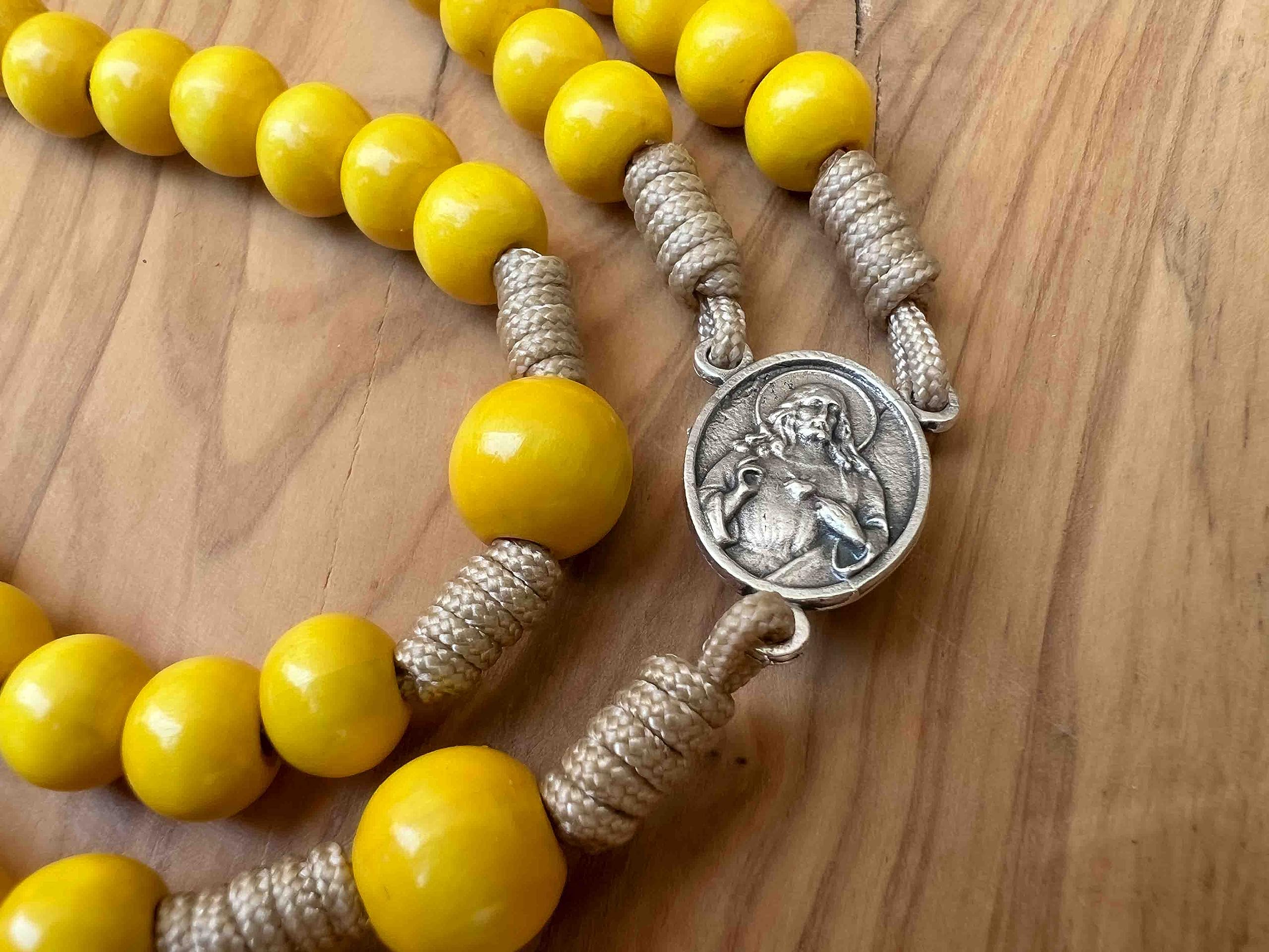 Yellow Wooden Prayer Beads Rosary With Pardon Crucifix Pendant Immaculate Heart Of Mary