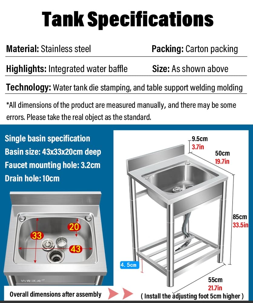 WAHHWF Freestanding Kitchen Sink for Home, Simple Stainless Steel Utility Sink with Stand for Garage, Restaurant, Kitchen, Laundry, Outdoor Sink