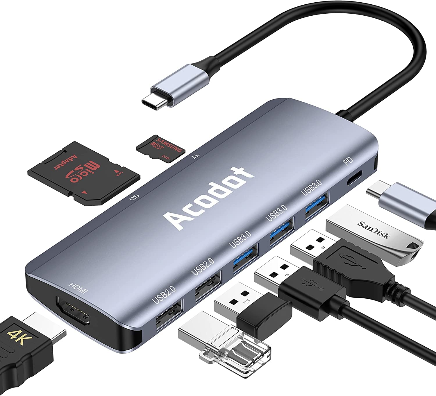 USB C Hub, Acodot 9 in 1 Type C Hub Adapter Portable Docking Station Aluminum Dongle Compatible with MacBook Pro/Thunderbolt 3 Laptops of Type C Devices, with 4K HDMI/ 5 USB Ports/ 100W PD/SD/TF