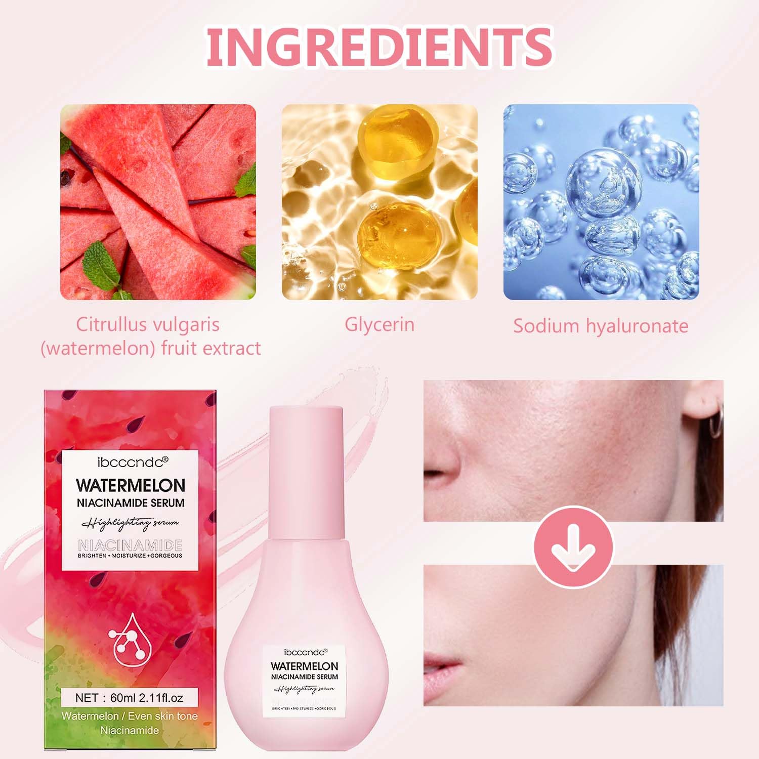 Watermelon Niacinamide Serum, Watermelon Highlighting Serum - Moisturize, and Lightweight Facial Serum & Priming Liquid Highlighter