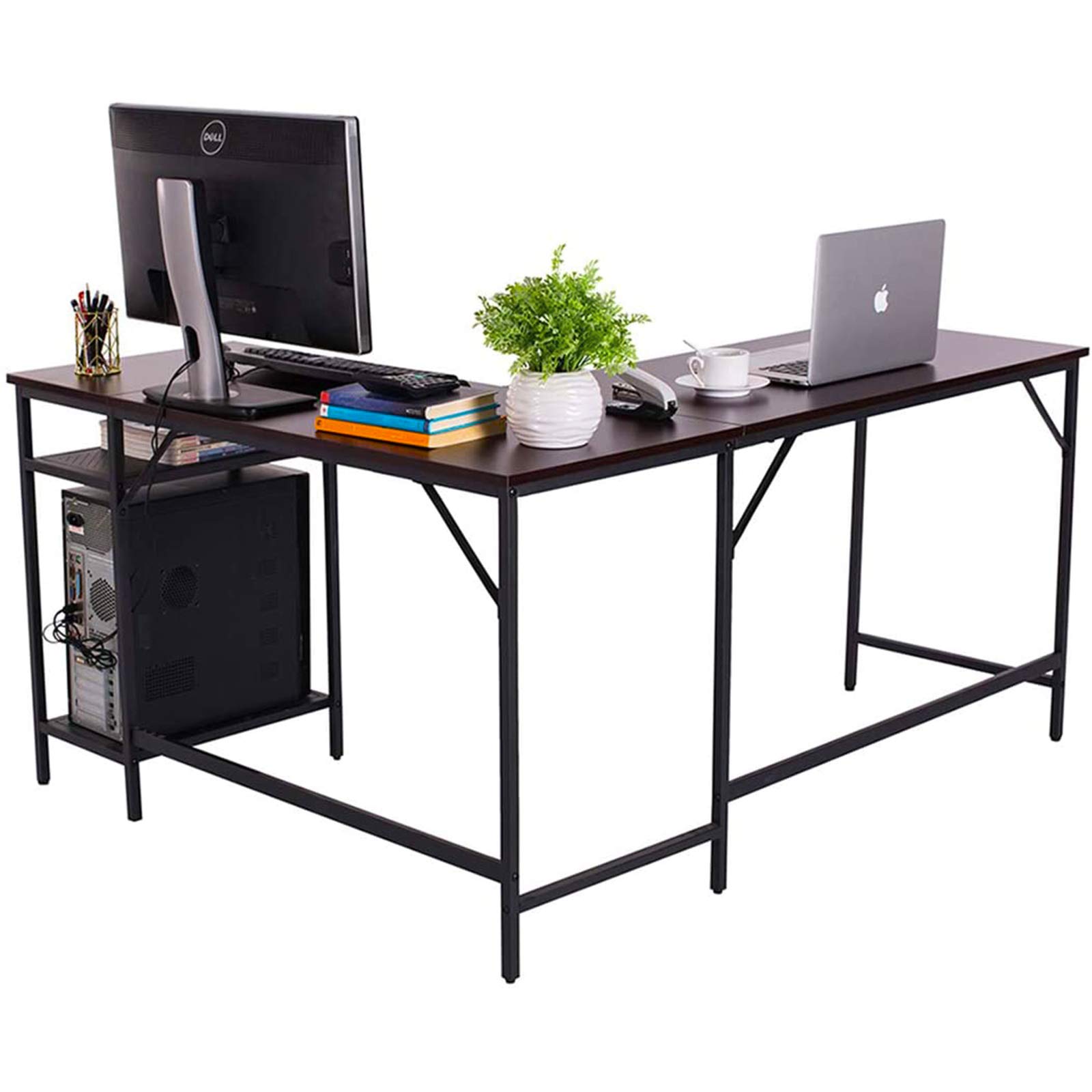 TITISKIN L-Shaped Home Office Desk with Storage Shelves, Adjustable Black Computer Corner Table Writing Workstation, 2 Person Gaming Study Desk, Multi-Usage Large Table Desk, Walnut