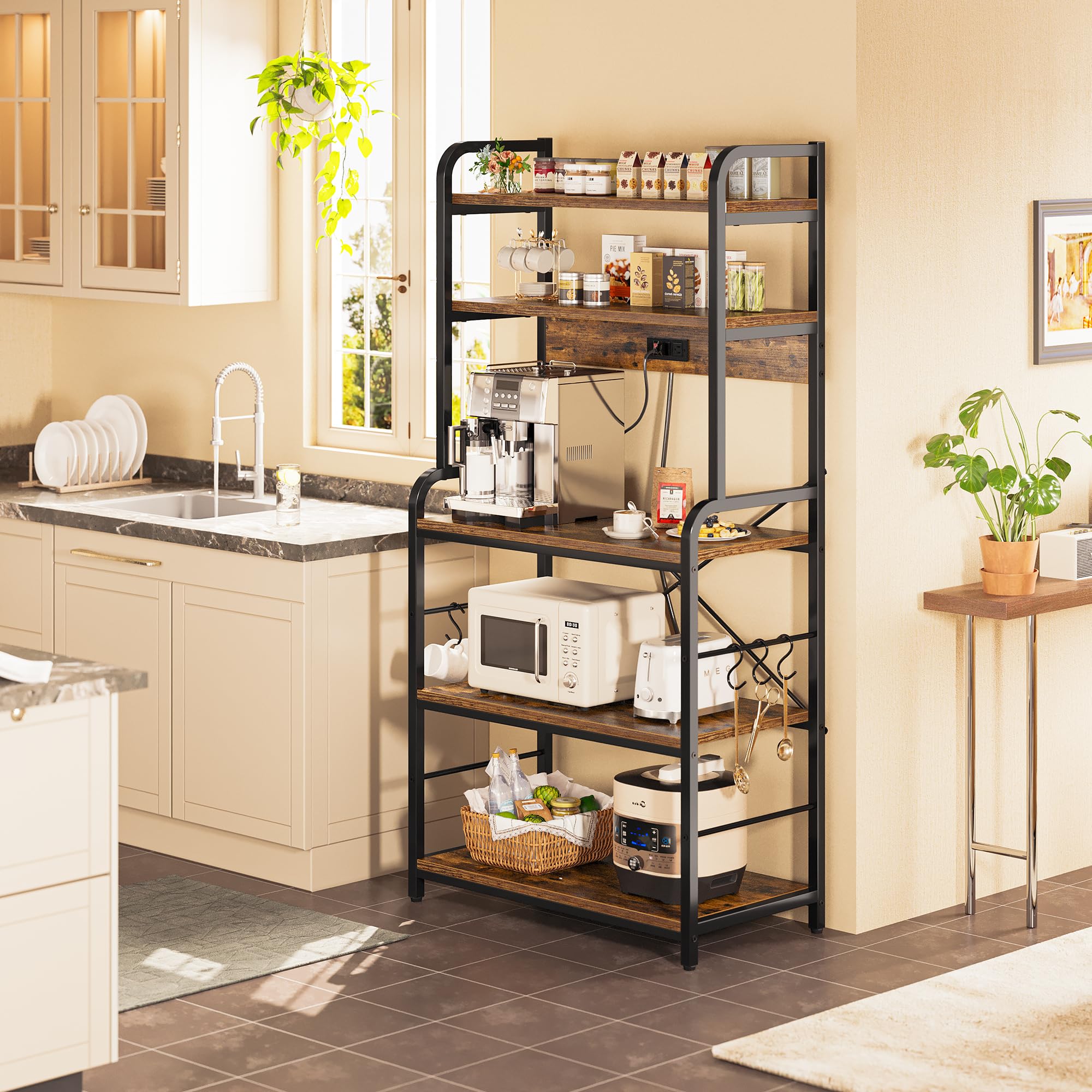 SUPERJARE Bakers Rack with Power Outlets, 65"H Coffee Bar, 5-Tier Microwave Stand with Storage, Coffee Station, Kitchen Rack with 6 S-Hooks, Kitchen Shelf Rack for Spices, Pots and Pans, Rustic Brown