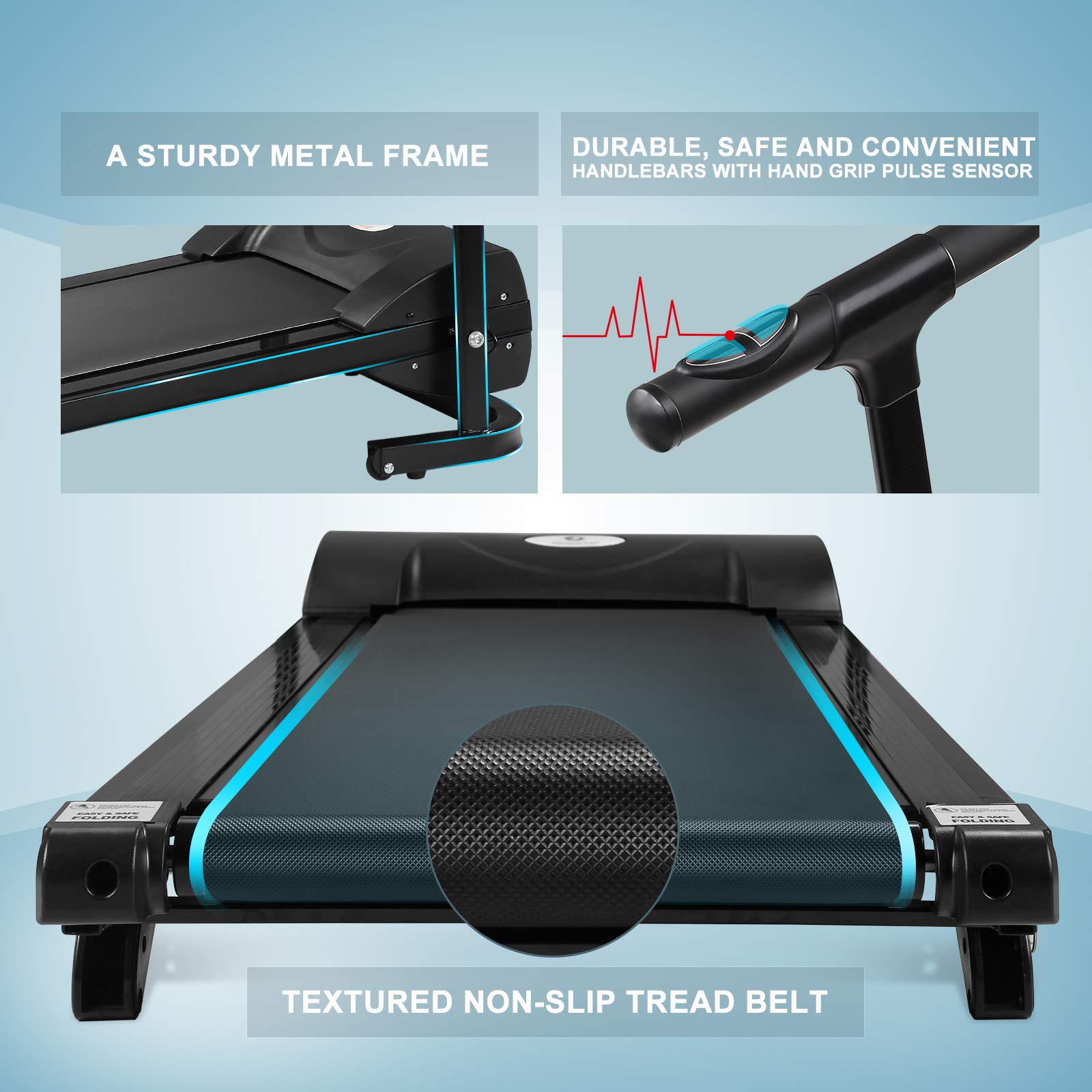 Smart 2HP Electric Folding Treadmill, 3 Levels Manual Incline Fitness Motorized Running Jogging Exercise Machine with W/PAD Holder, Hand Grip Pulse Sensor for Home Gym Cardio Workout Training Indoor…