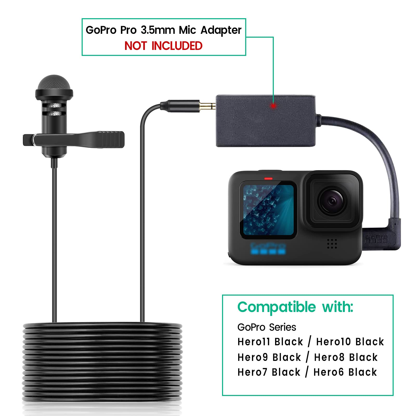 weishan Media Mod Mic for GoPro HERO11 10 9 Black Action Camera, Lavalier Lapel Videomic Clip-on Microphone Compatible with GoPro Pro 3.5mm Mic Adapter for Vlogging, 5ft
