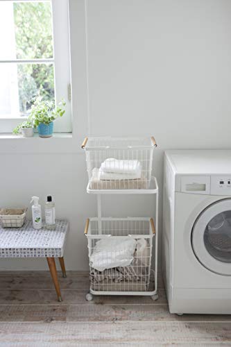 Yamazaki Home Laundry Basket Wagon-Large Storage Hamper Organizer | Steel + Wood | Short | Rolling Carts, White