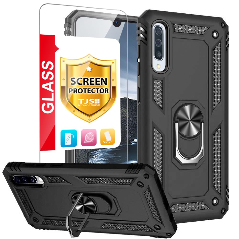 TJS Compatible with Samsung Galaxy A50 2019 Case, with Tempered Glass Screen Protector Metal Ring Magnetic Support Kickstand Heavy Duty Drop Protector Phone Case Cover (Black)