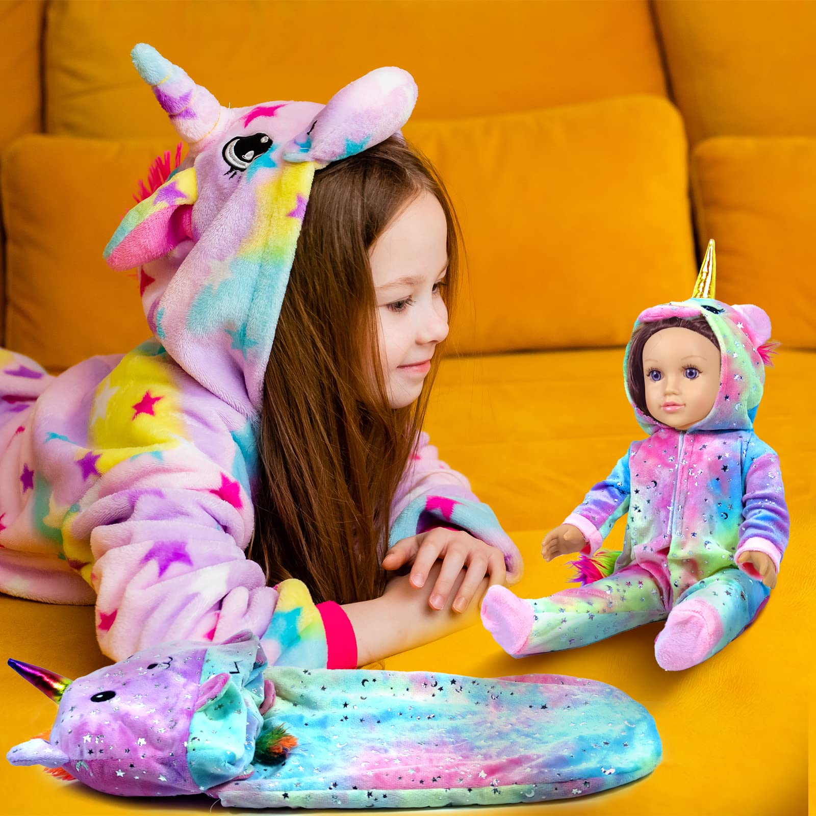 WONDOLL 18-inch-Doll-Clothes and Unicorn Reversible-Doll-Sleeping-Bag Set with Headband Compatible with All 18-inch Dolls Accessories for Kids