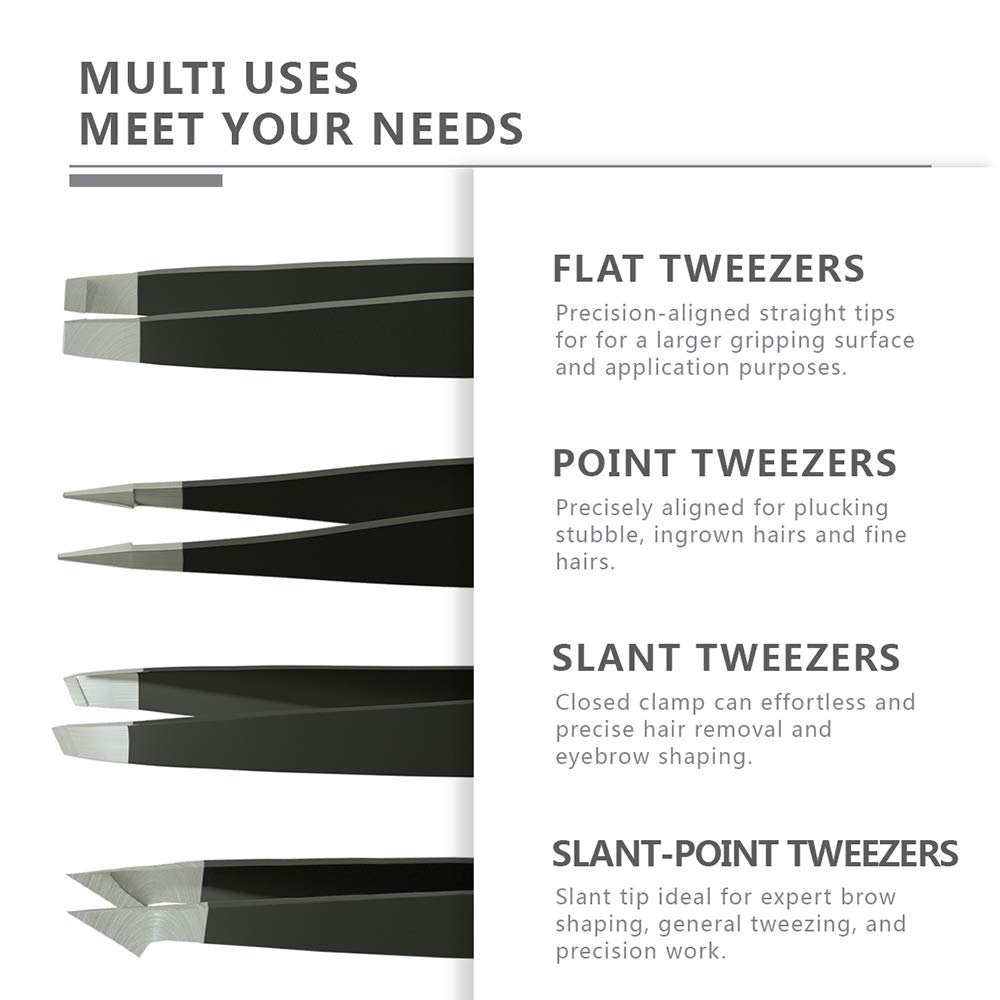 Tweezers for Eyebrows, Tweezer Precision for Eyebrows, Splinter & Ingrown Hair Removal 5 Piece (Black)