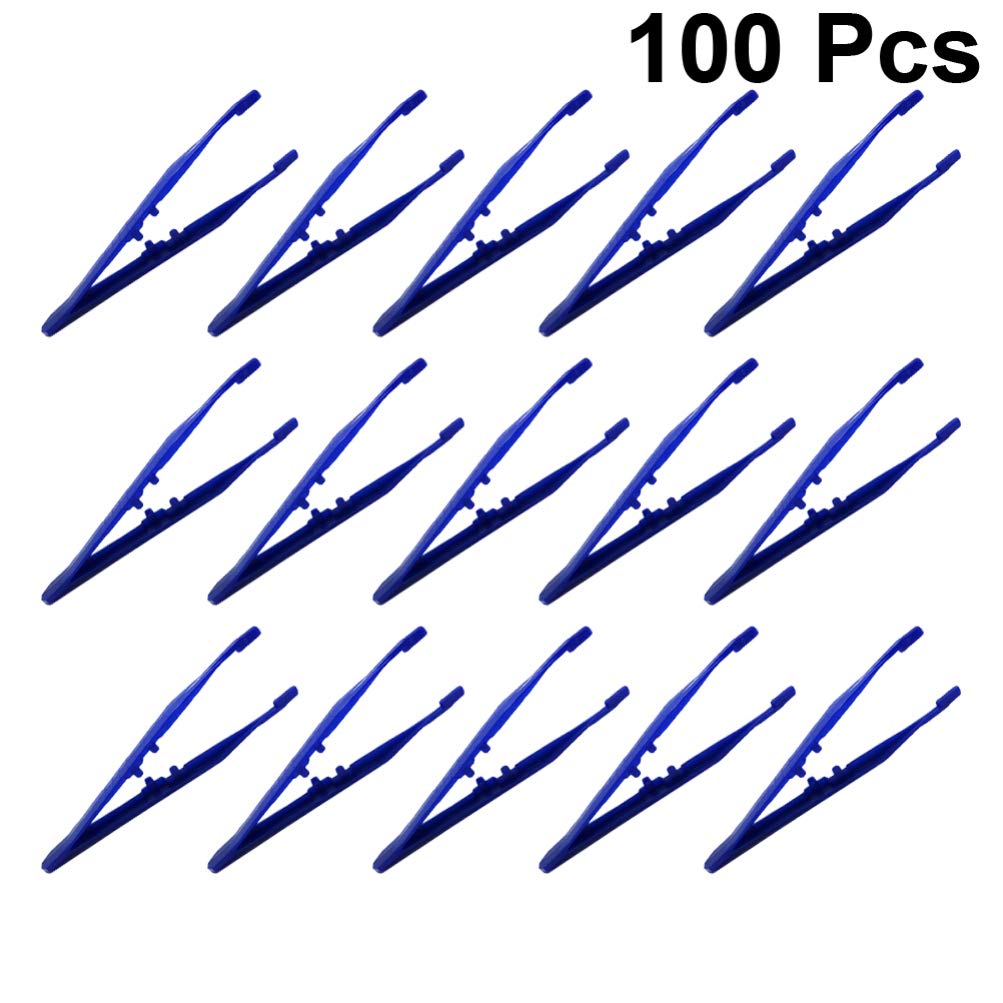 SUPVOX 100pcs Plastic Tweezers Disposable Forceps for DIY Craft Medical Beads Tweezers (Blue)