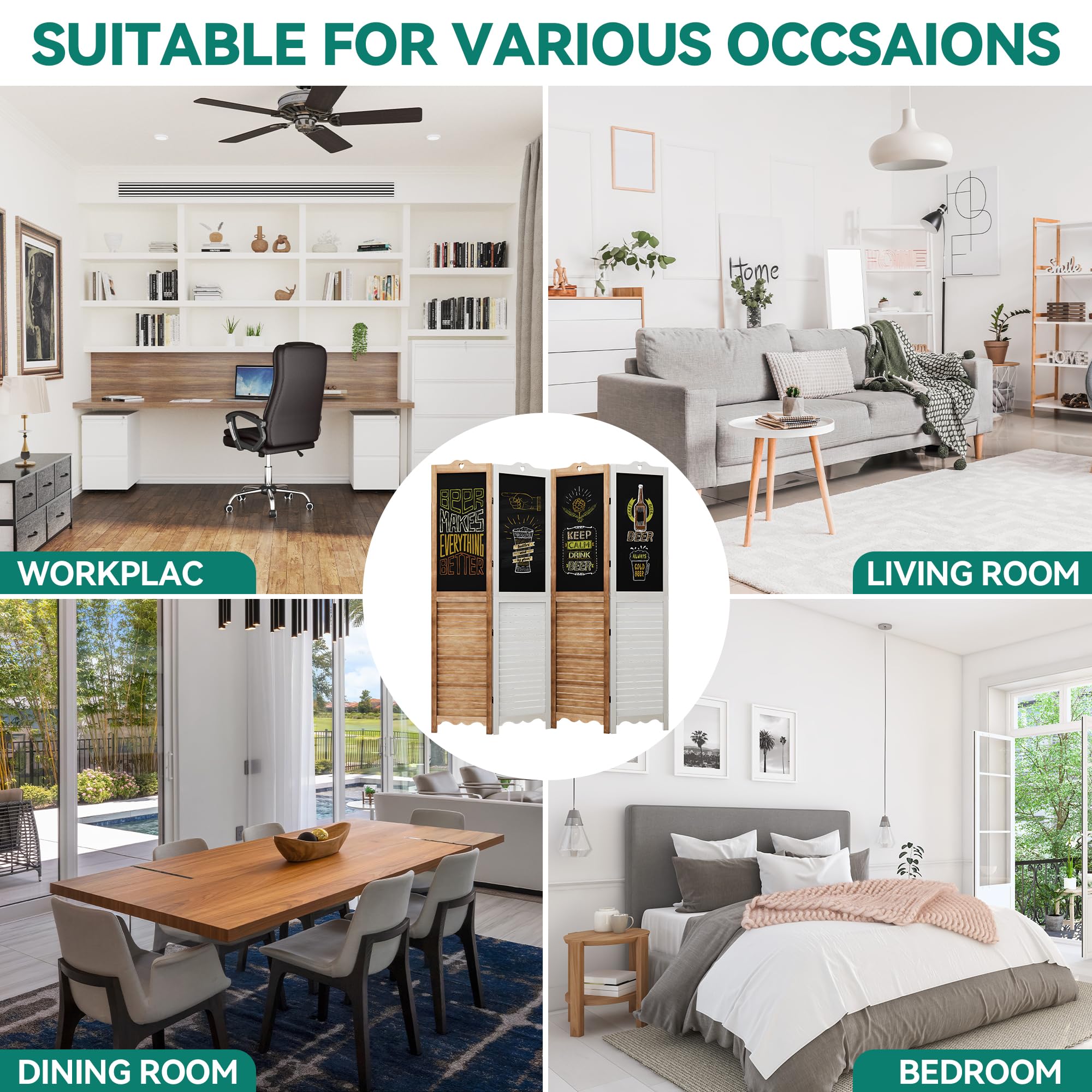 YITAHOME 5.6FT Wood Room Divider 4 Panel Folding Privacy Screens with Chalkboard, Standalone Portable Wall Divider Room Partition for Bedroom, Study, Hotel, Office