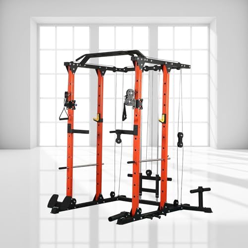 Versatile Power Cage with LAT Pulldown, Weight Storage, and Optional Bench Sturdy 1200 lb Capacity Power Rack for Home and Garage Gyms Multiple Accessory Squat Racks for Full Body Workouts