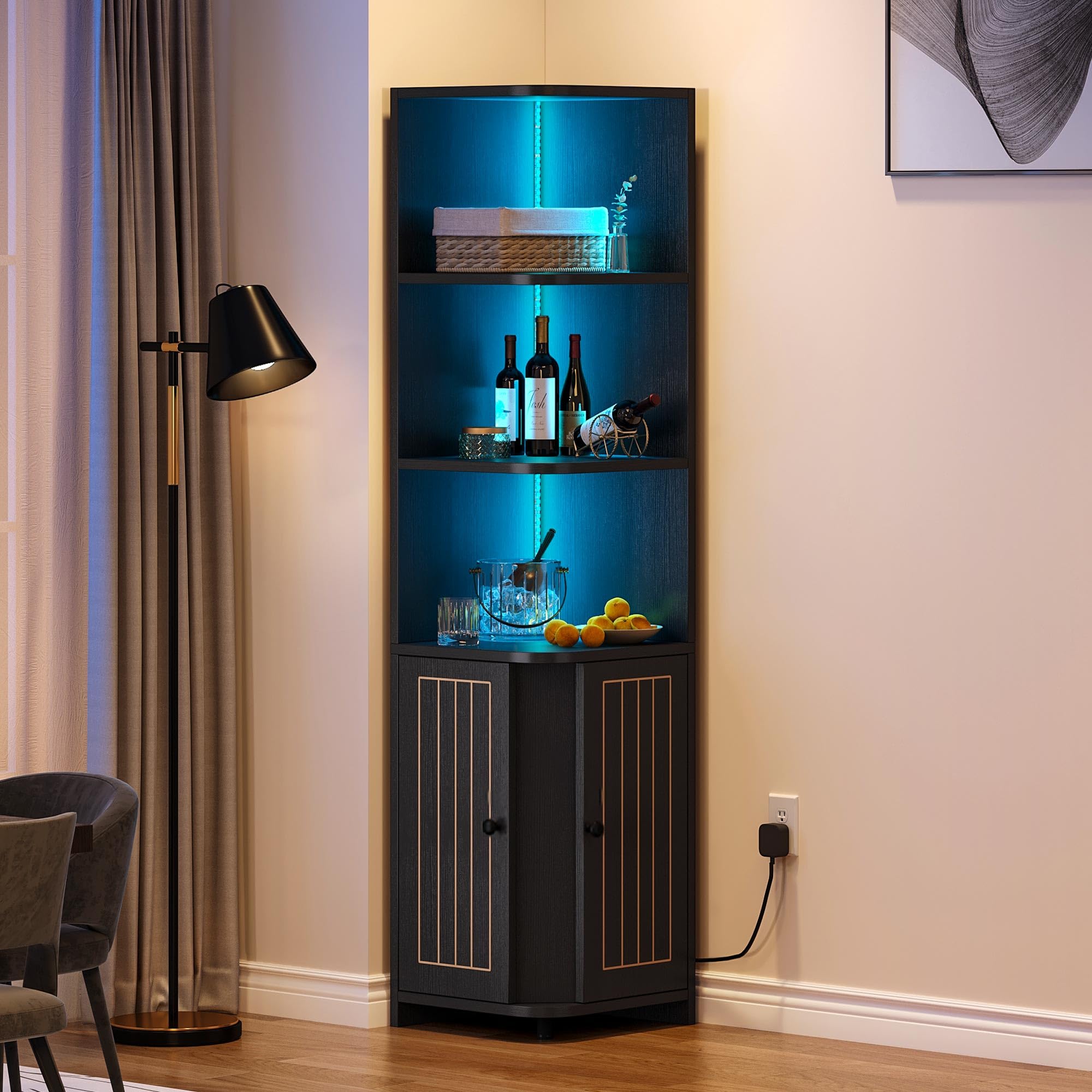 YITAHOME Corner Cabinet with LED Lights, 71.1β Corner Bookshelf and Bookcase with Storage, Modern Display Corner Shelf for Living Room, Bedroom, Dining Room, Kitchen, Charcoal Gray (1 PC)